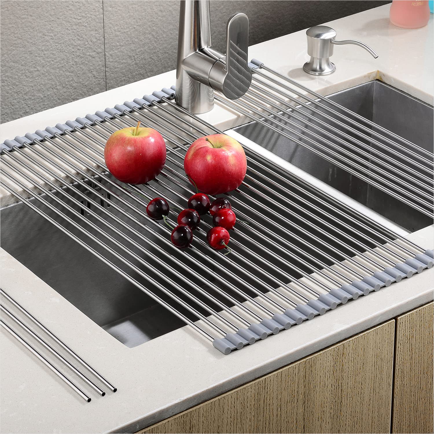 EMBATHER 20.8'' x 18.1'' Roll Up Dish Drying Rack Over The Sink, Dish Drying Rack for Kitchen Counter, Multipurpose Stainless Steel Foldable Kitchen Drainer Rack with Anti-Slip Silicone, Gray