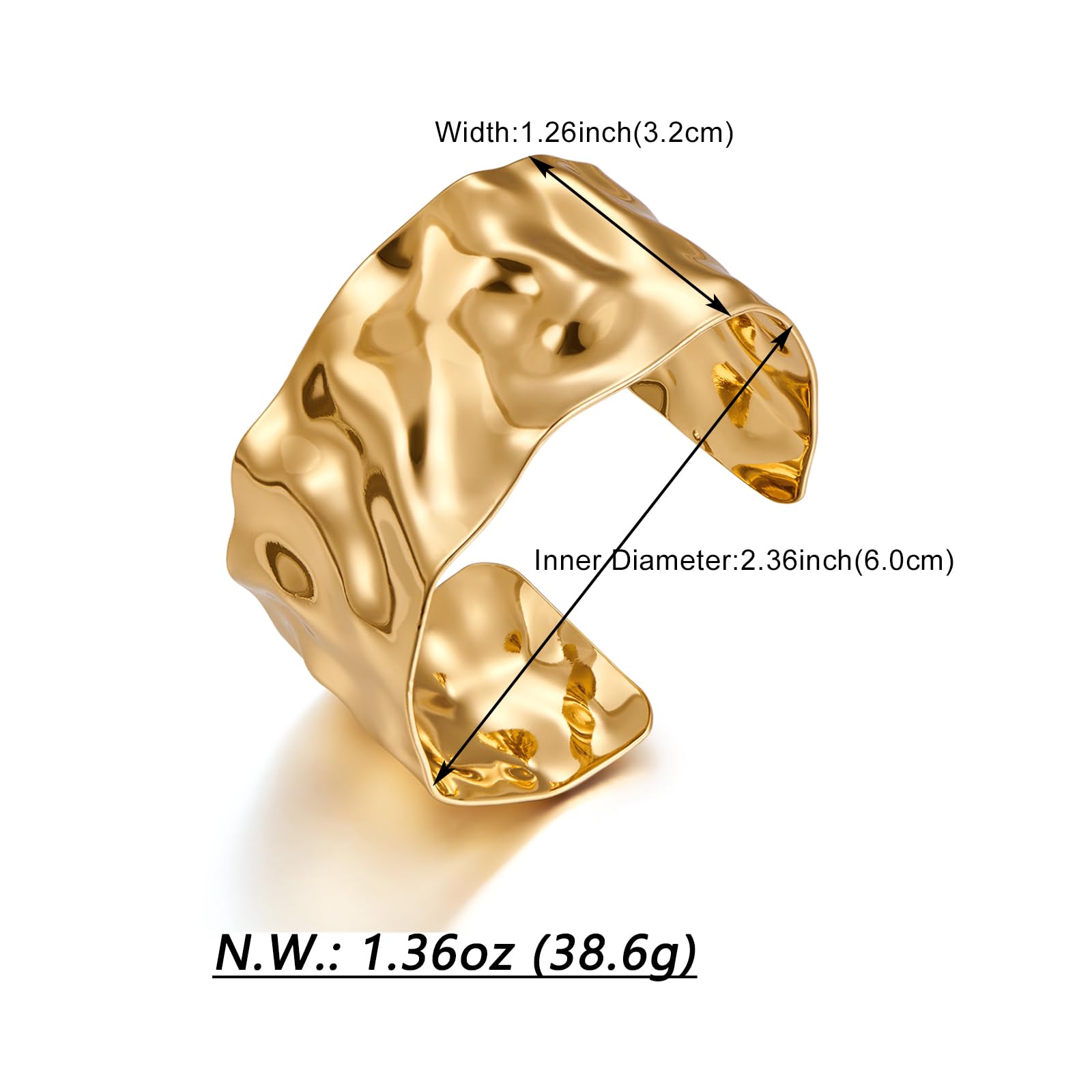 WOWORAMA Hammered Gold Cuff Bracelet for Women Wide Chunky Open Cuff Bangles Vintage Statement Gold Bracelet Adjustable Thick Wrist Cuff Bracelets
