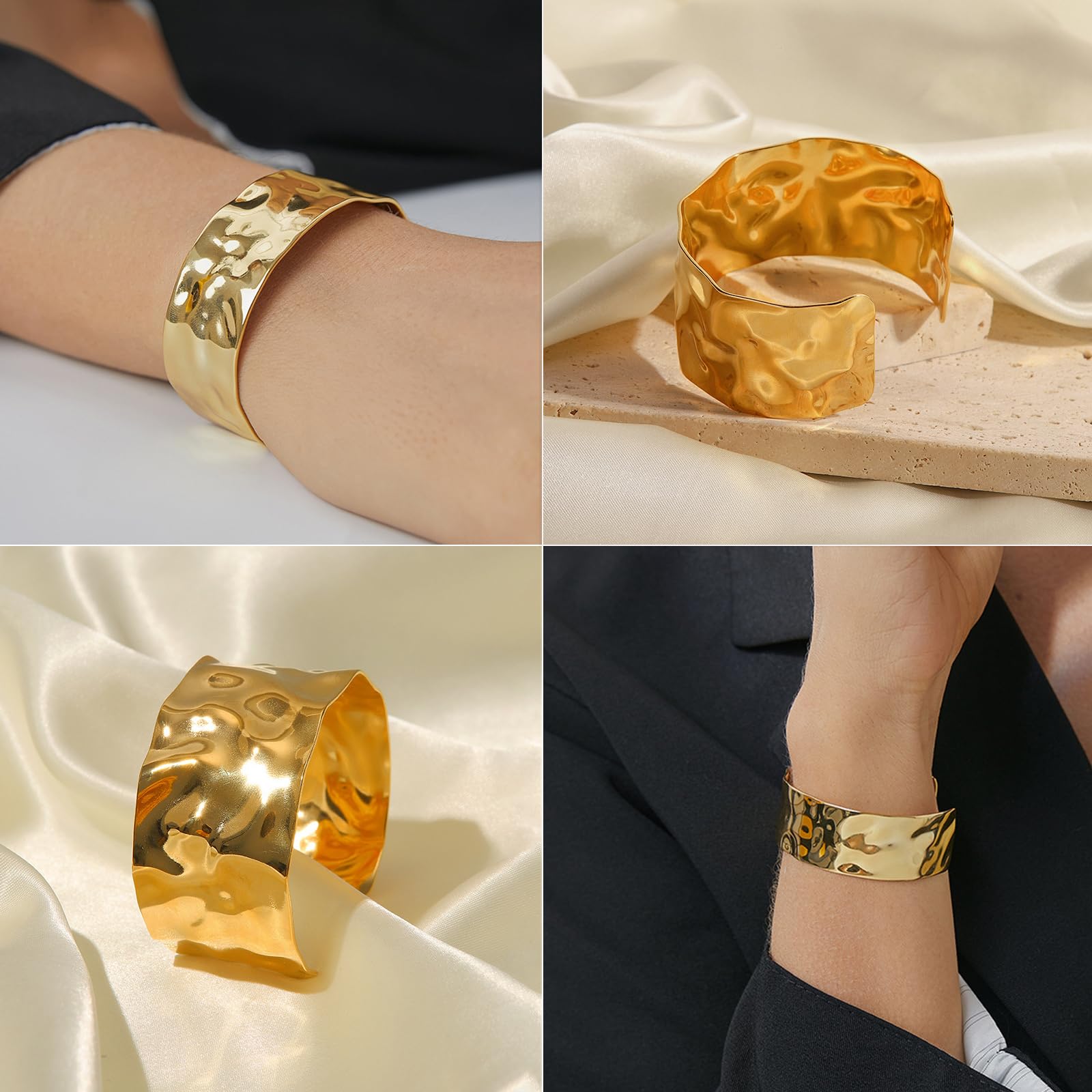 WOWORAMA Hammered Gold Cuff Bracelet for Women Wide Chunky Open Cuff Bangles Vintage Statement Gold Bracelet Adjustable Thick Wrist Cuff Bracelets