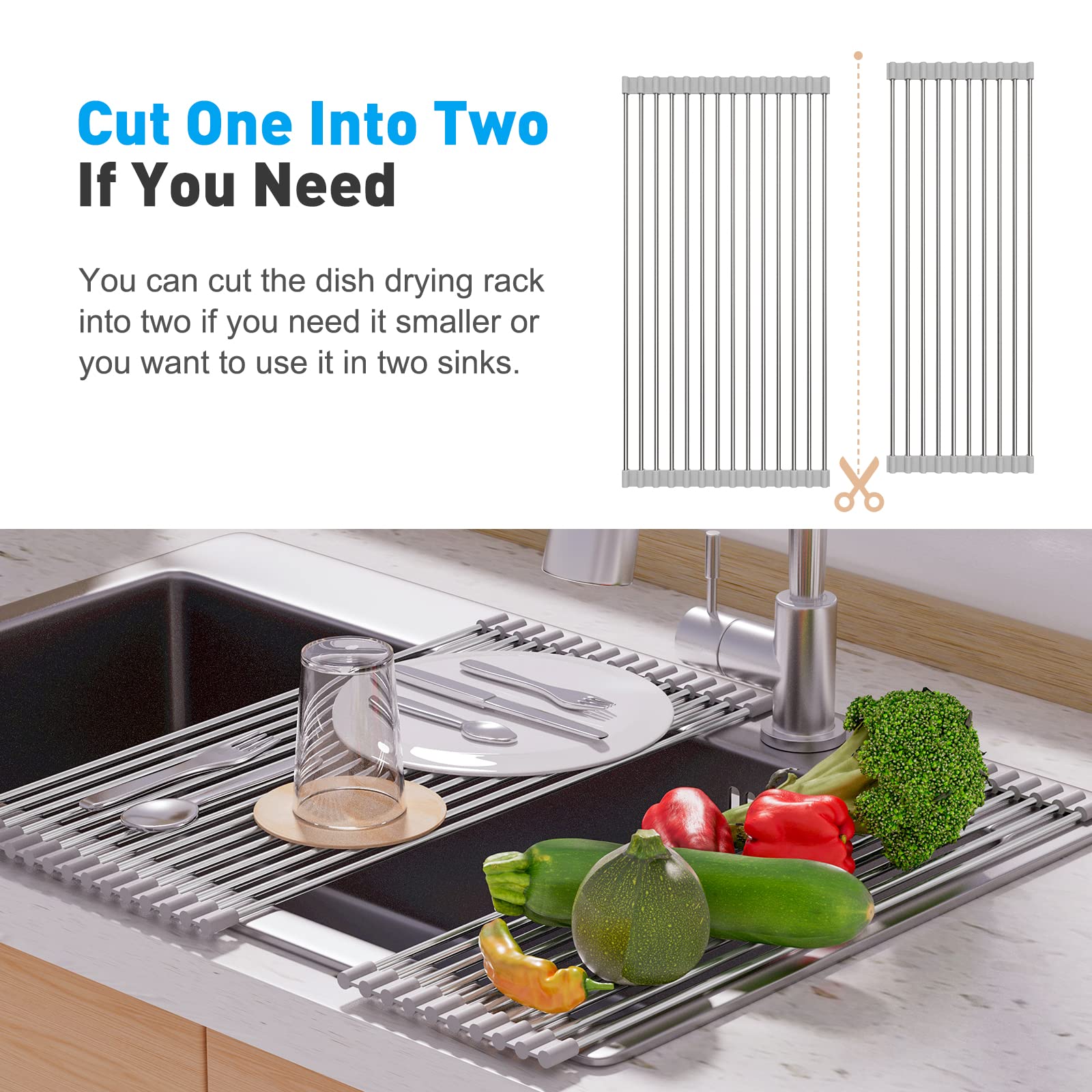 EMBATHER 20.8'' x 18.1'' Roll Up Dish Drying Rack Over The Sink, Dish Drying Rack for Kitchen Counter, Multipurpose Stainless Steel Foldable Kitchen Drainer Rack with Anti-Slip Silicone, Gray