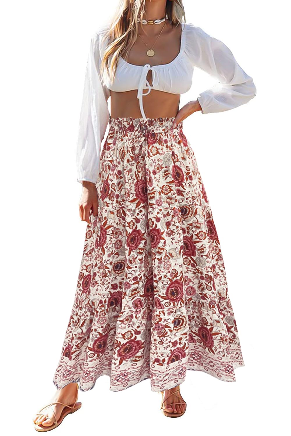 ZESICA Women's 2025 Summer Bohemian Floral Printed Elastic Waist A Line Maxi Skirt with Pockets,Floral White,Medium
