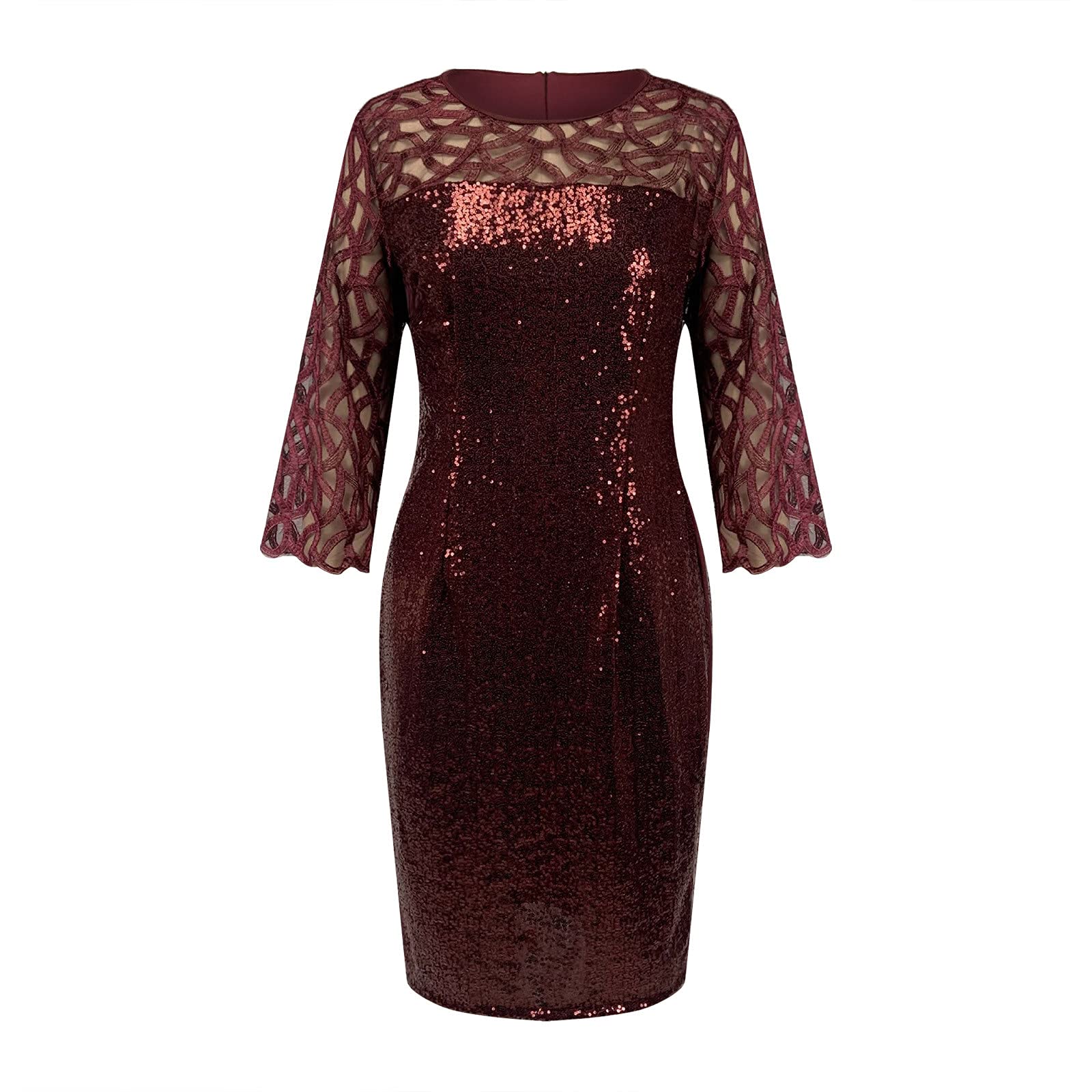 SHENYANGWA Plus Size Summer Dresses Sexy Hollow Out Long Sleeve Mesh See Through Sequin Midi Dress Casual Party Short Dress Red, 3X-Large