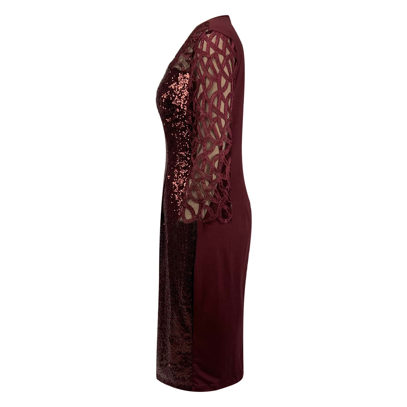 SHENYANGWA Plus Size Summer Dresses Sexy Hollow Out Long Sleeve Mesh See Through Sequin Midi Dress Casual Party Short Dress Red, 3X-Large