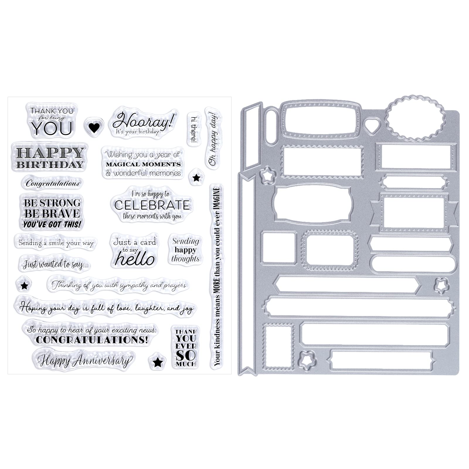 Sucrain 2pcs Metal Dies Cut and Clear Silicone Stamp, for Card Making Paper Craft Scrapbooking Album DIY, Sentiment Words Stencils Carbon Steel Embossing Template