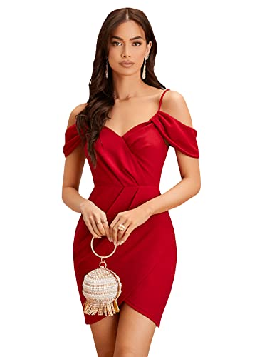 SweatyRocks Women's Elegant Short Sleeve Cold Shoulder Dress Wrap Bodycon Mini Dresses Red S
