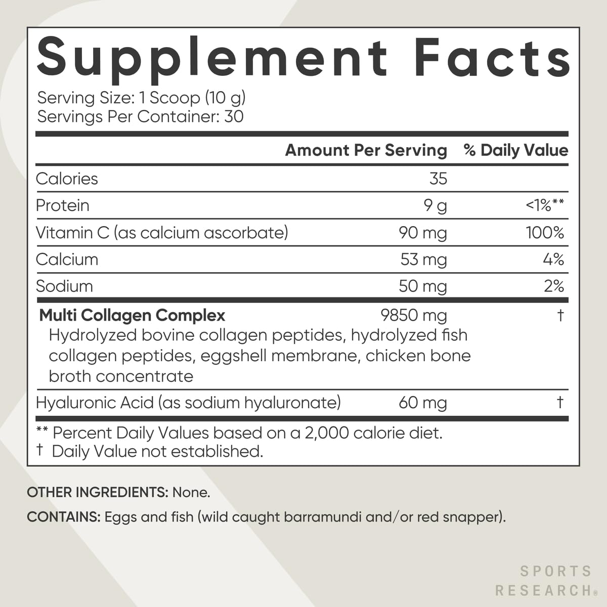 Sports Research Multi Collagen Protein Powder (Type I, II, III, V, X) with Hyaluronic Acid + Vitamin C | 5 Types of Food Based Collagen, 30 Servings (Unflavored)