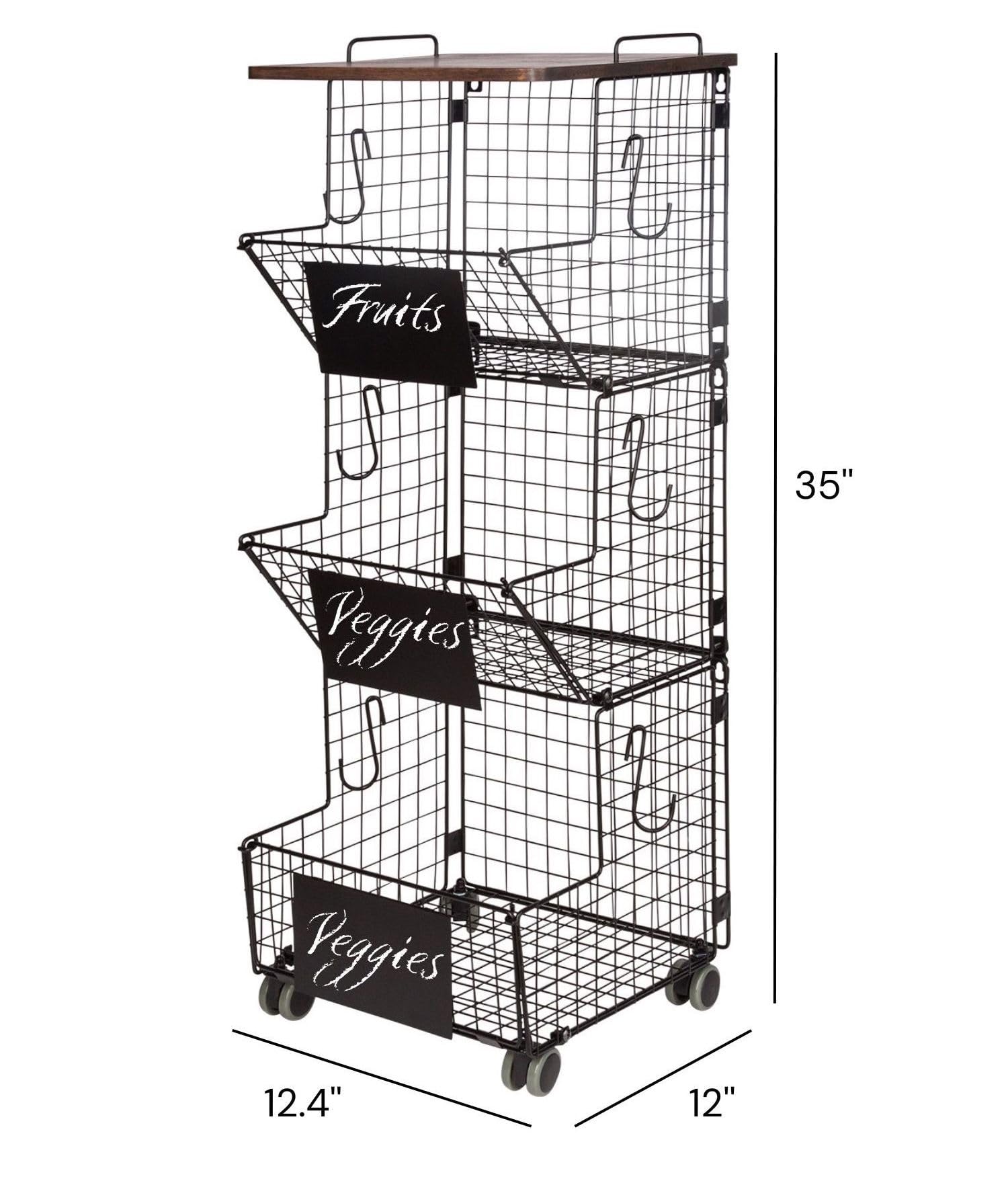 Granrosi 3 Tier Fruit Basket Stand for Kitchen Floor & Pantry β Stackable Rolling Fruit Cart & Vegetable Rack on Wheels; Produce Cart with Wooden Tabletop; 3 Tier Wire Basket Stand
