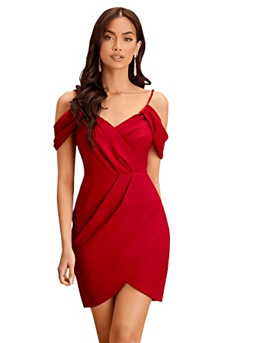 SweatyRocks Women's Elegant Short Sleeve Cold Shoulder Dress Wrap Bodycon Mini Dresses Red S