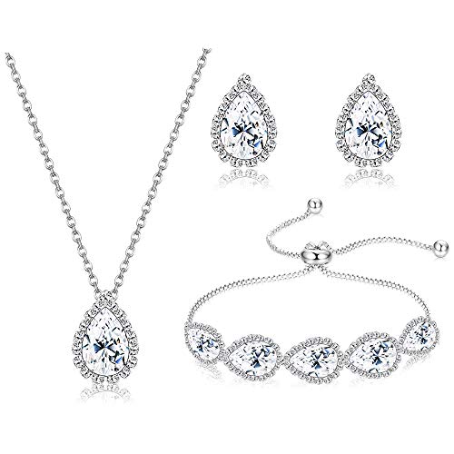 LOYALLOOK Bridal Rhinestone Teardrop Statement Necklace Bracelets and Dangle Earrings Jewerry Sets for Proms Weddings