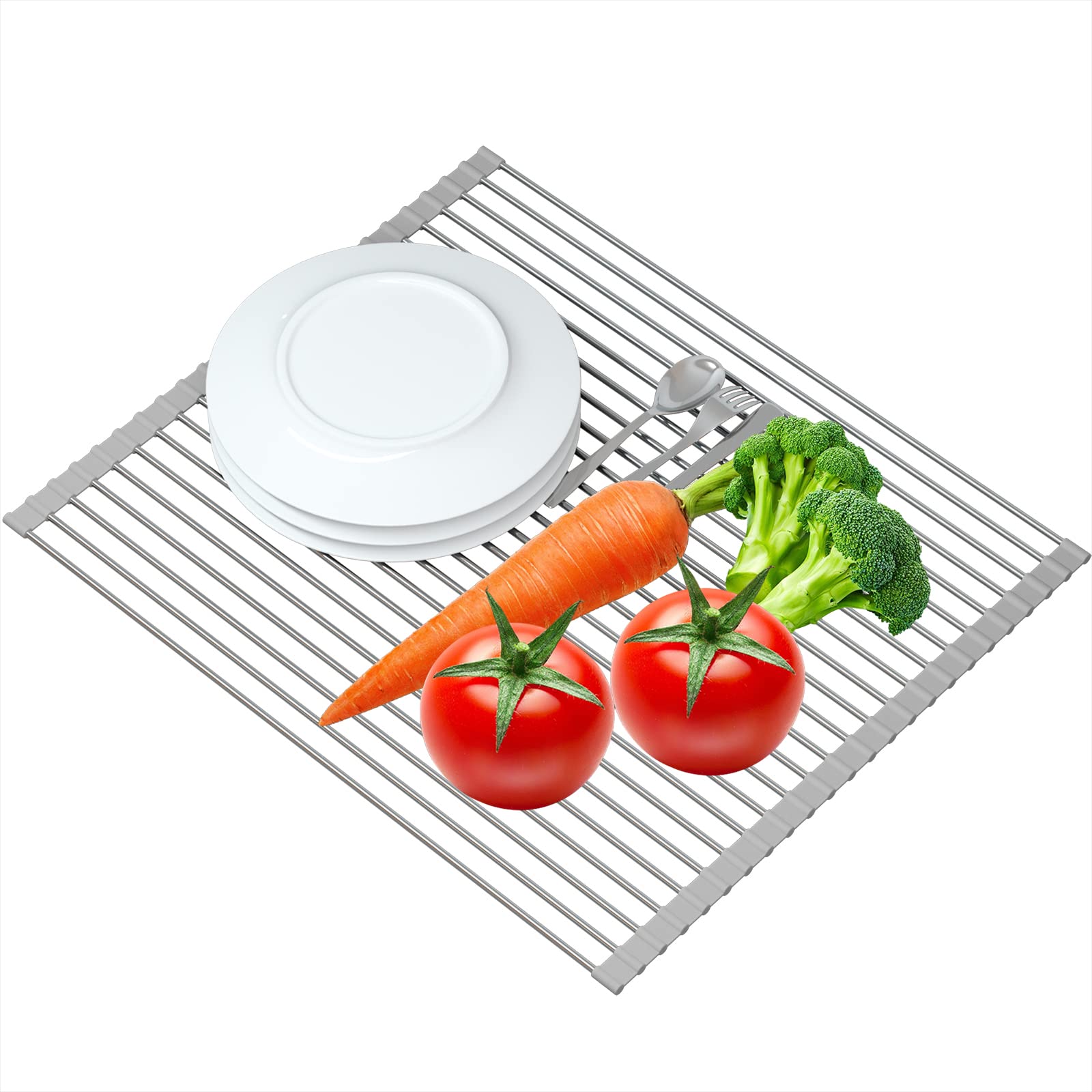 EMBATHER 20.8'' x 18.1'' Roll Up Dish Drying Rack Over The Sink, Dish Drying Rack for Kitchen Counter, Multipurpose Stainless Steel Foldable Kitchen Drainer Rack with Anti-Slip Silicone, Gray