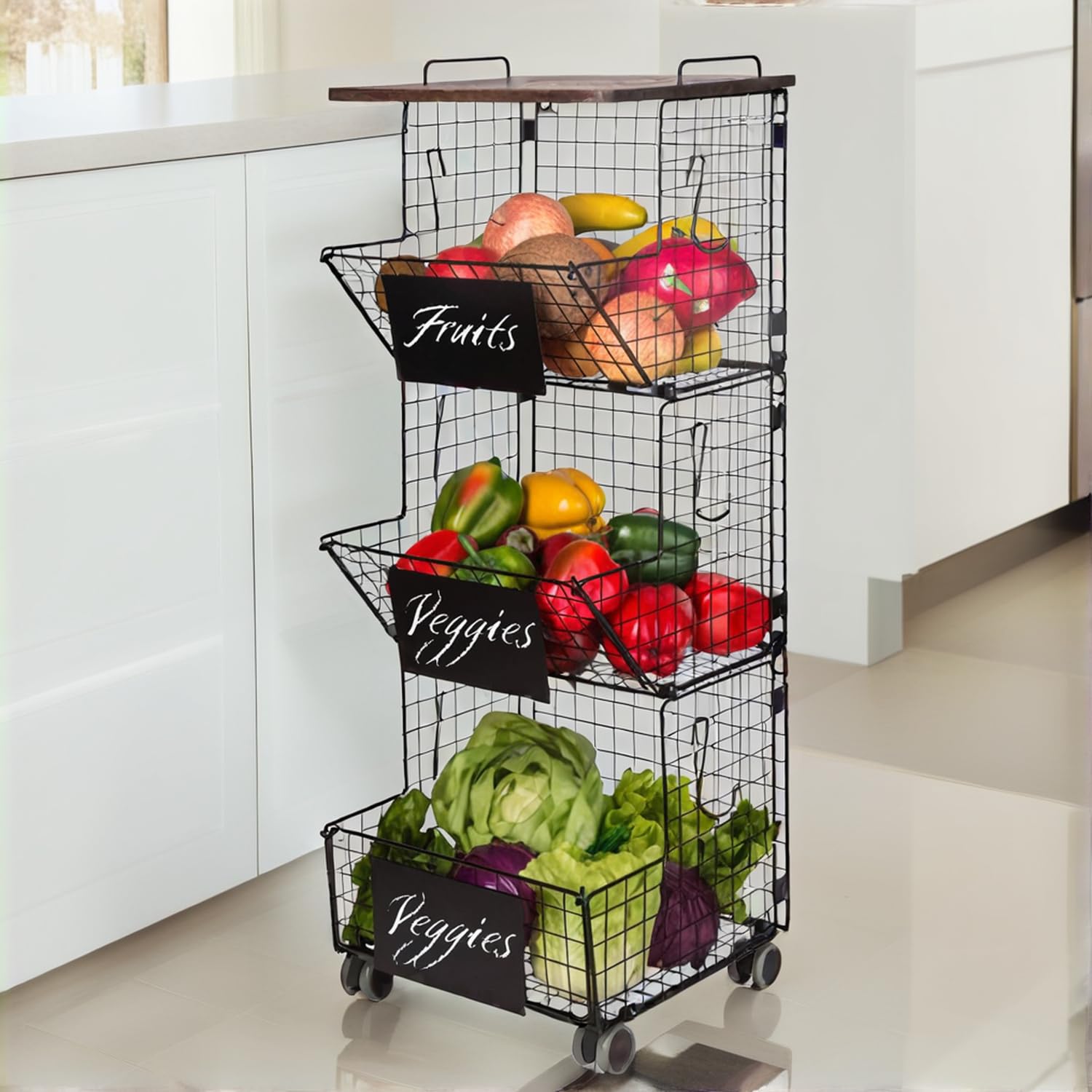 Granrosi 3 Tier Fruit Basket Stand for Kitchen Floor & Pantry — Stackable Rolling Fruit Cart & Vegetable Rack on Wheels; Produce Cart with Wooden Tabletop; 3 Tier Wire Basket Stand
