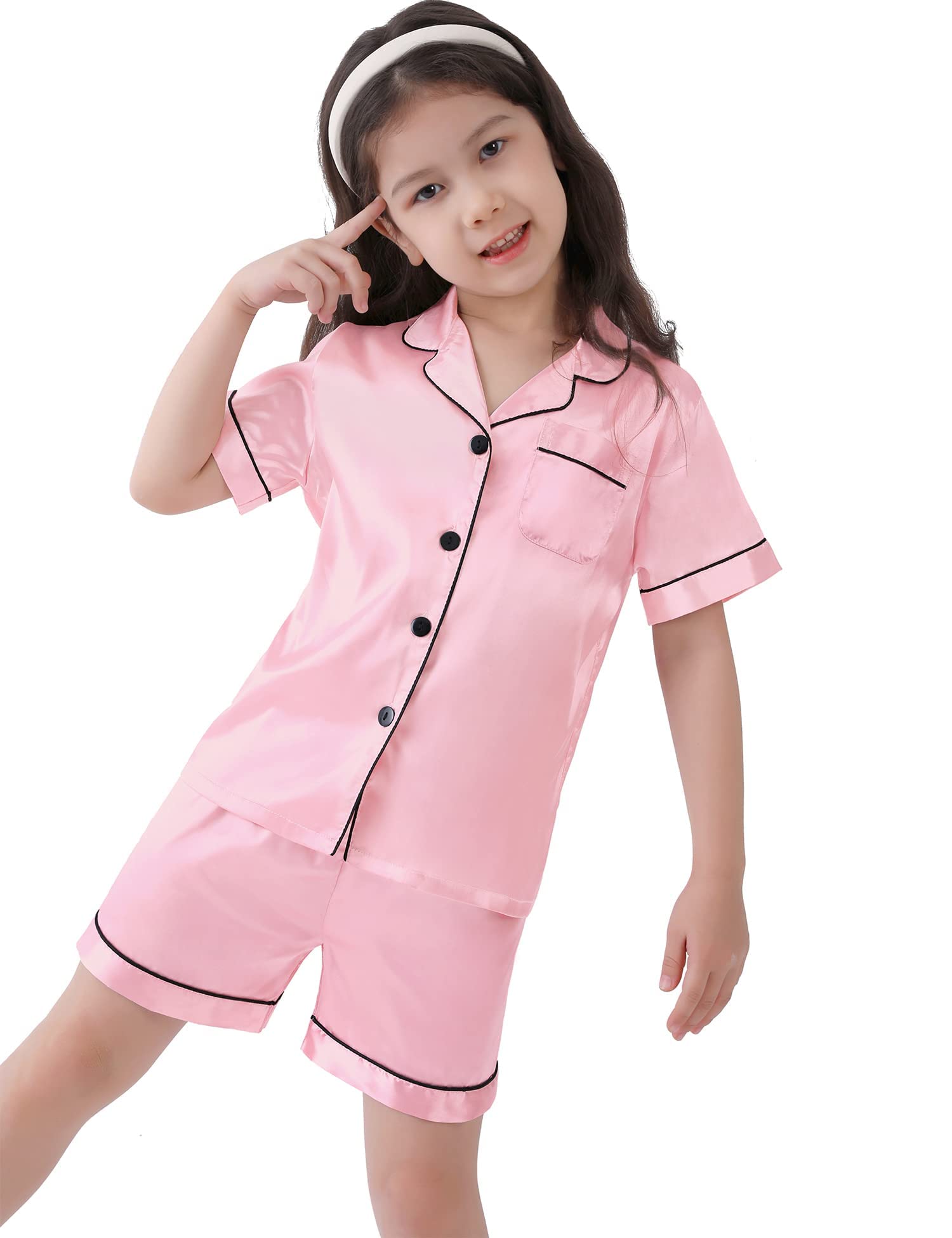 SWOMOG Kids Satin Pajamas Sets Girls Boys Button-Down Pjs Short Sleeve Silk Nightwear 2 Piece Lounge Sets Pink