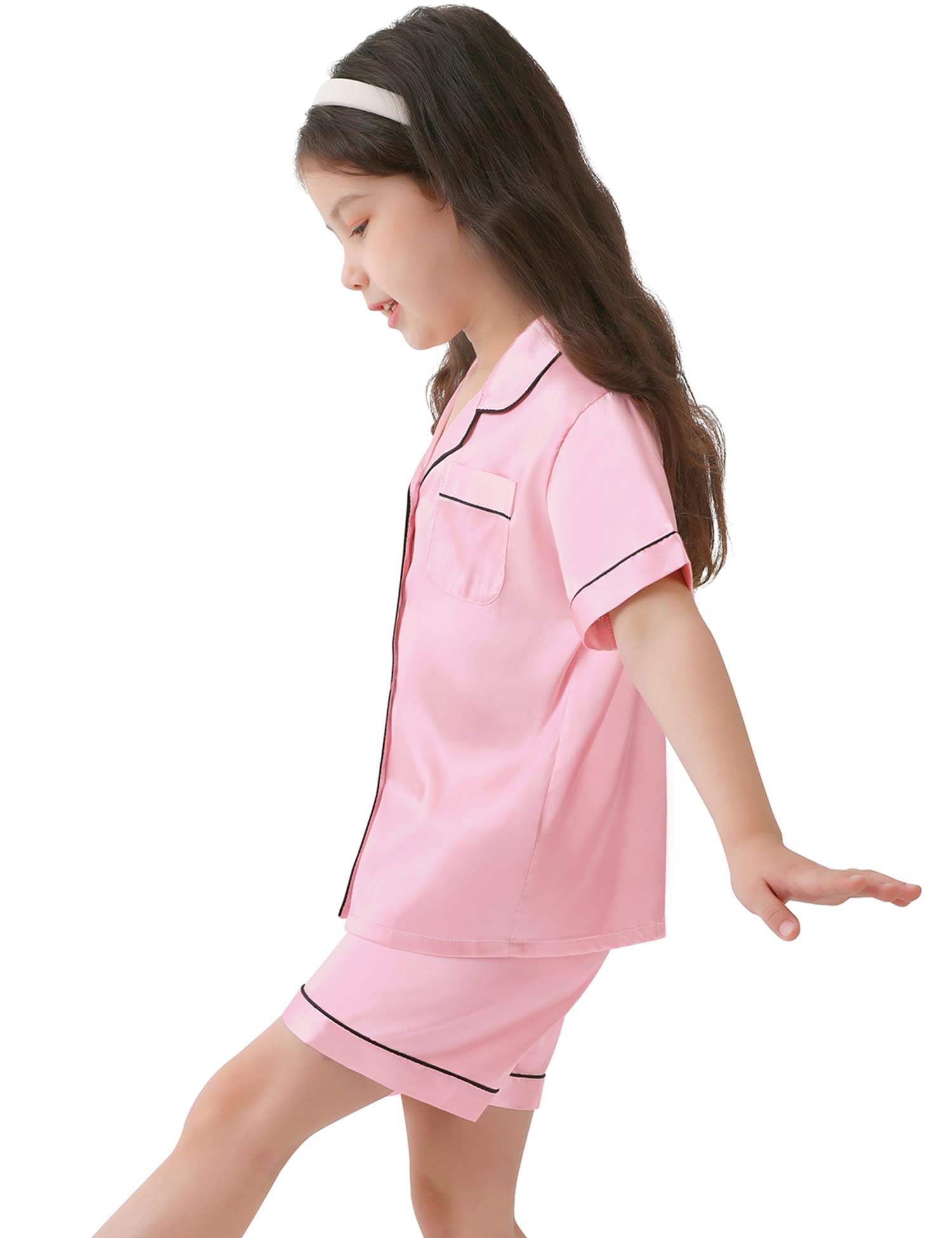 SWOMOG Kids Satin Pajamas Sets Girls Boys Button-Down Pjs Short Sleeve Silk Nightwear 2 Piece Lounge Sets Pink
