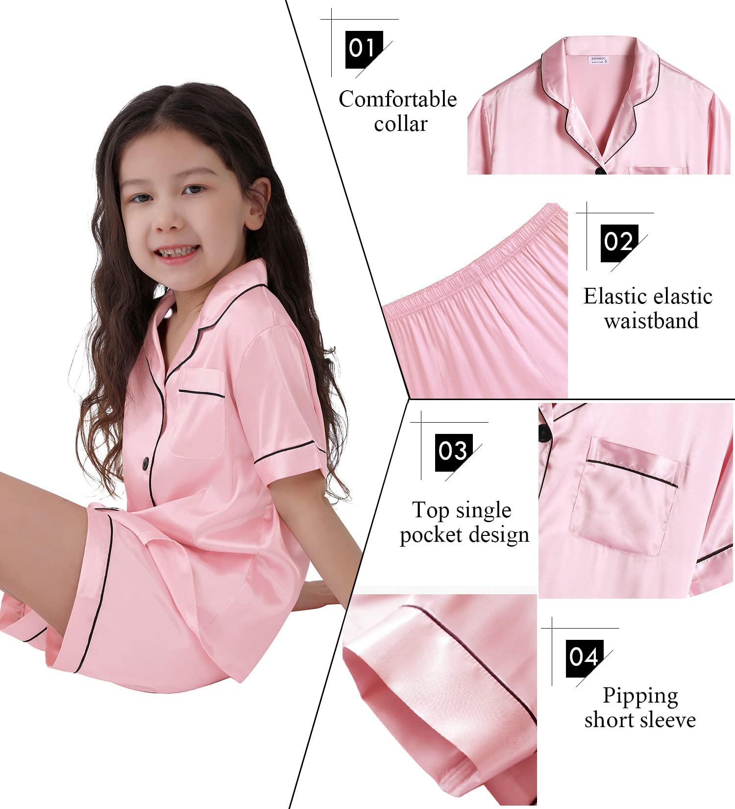 SWOMOG Kids Satin Pajamas Sets Girls Boys Button-Down Pjs Short Sleeve Silk Nightwear 2 Piece Lounge Sets Pink