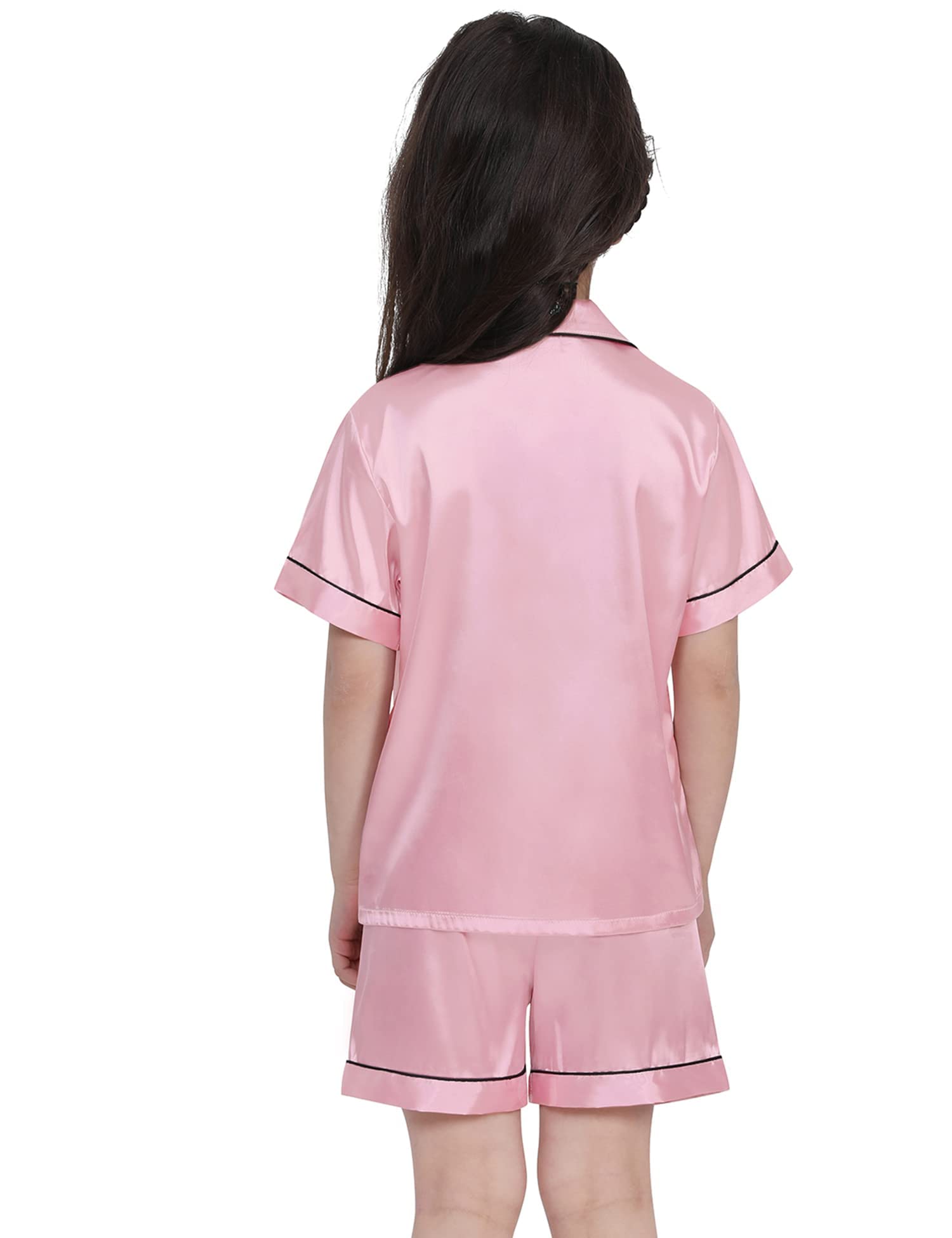 SWOMOG Kids Satin Pajamas Sets Girls Boys Button-Down Pjs Short Sleeve Silk Nightwear 2 Piece Lounge Sets Pink