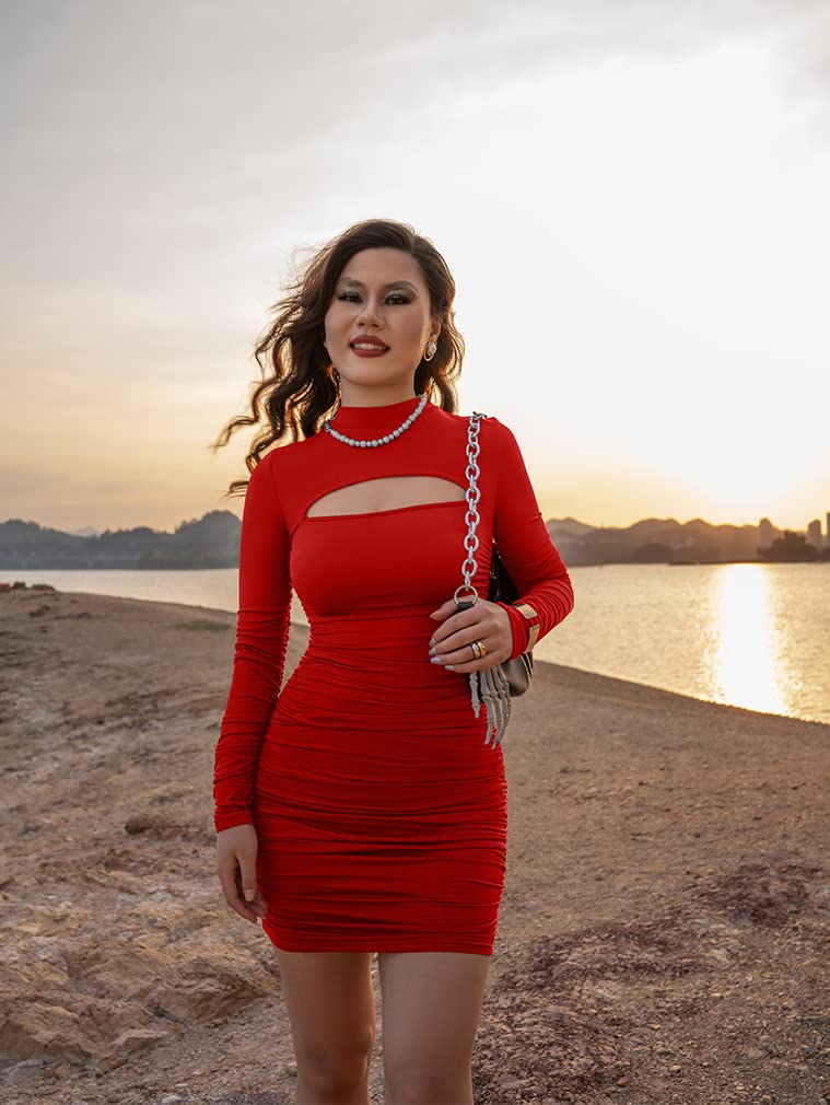 DAAWENXI Women's Sexy Long Sleeve Cut Out Bodycon Ruched Party Club Mini Dress Red