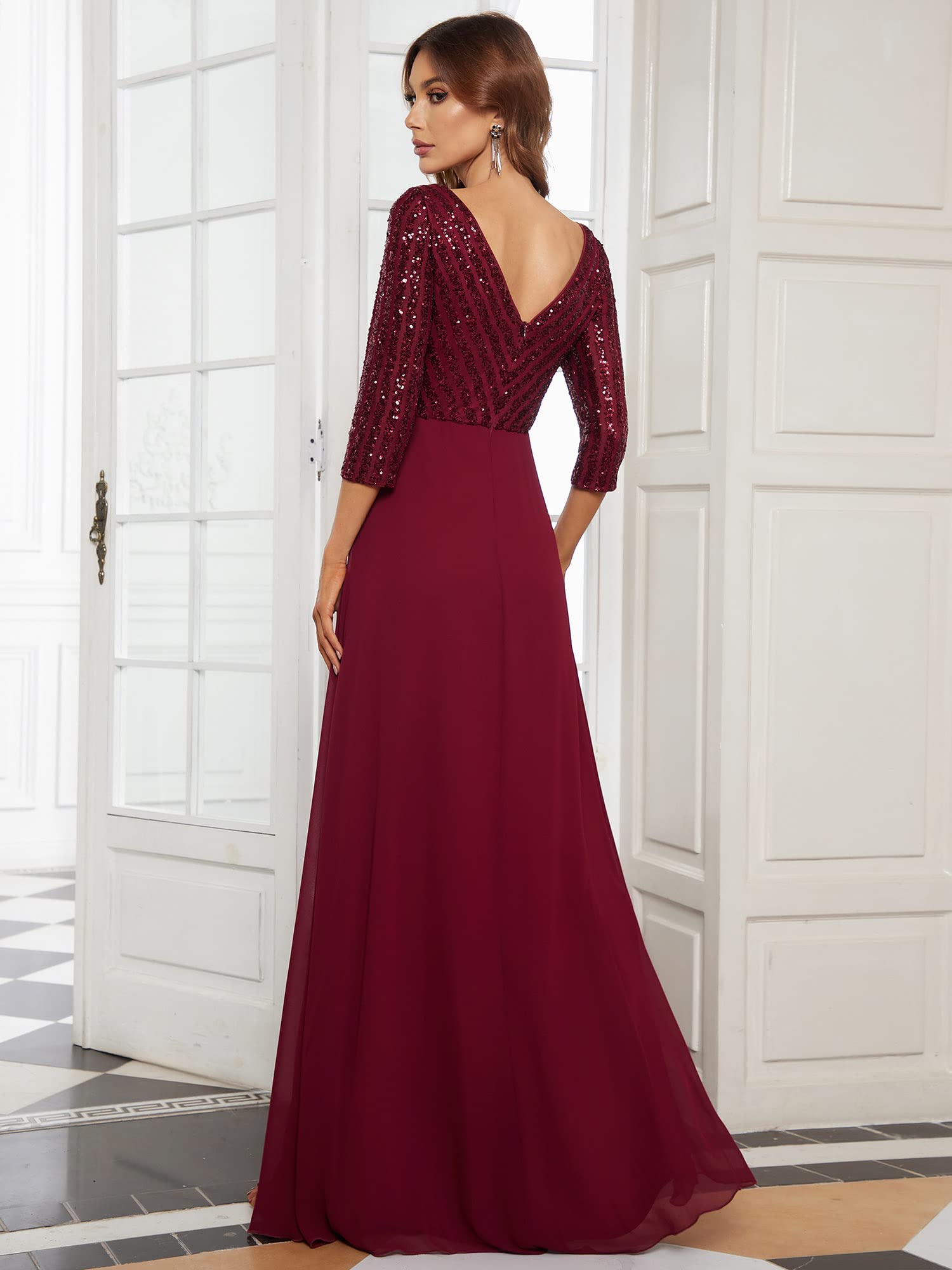 Ever-Pretty Women's Elegant Formal Dress V-Neck Long Sleeve Sequin Maxi Chiffon Evening Dresses Burgundy US04