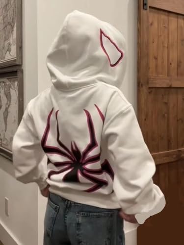 Women Men Oversized Harajuku Y2k Spider Graphic Hoodie Long Sleeve Full Zipper Jacket Coat Casual Hoodie Xx-Large White