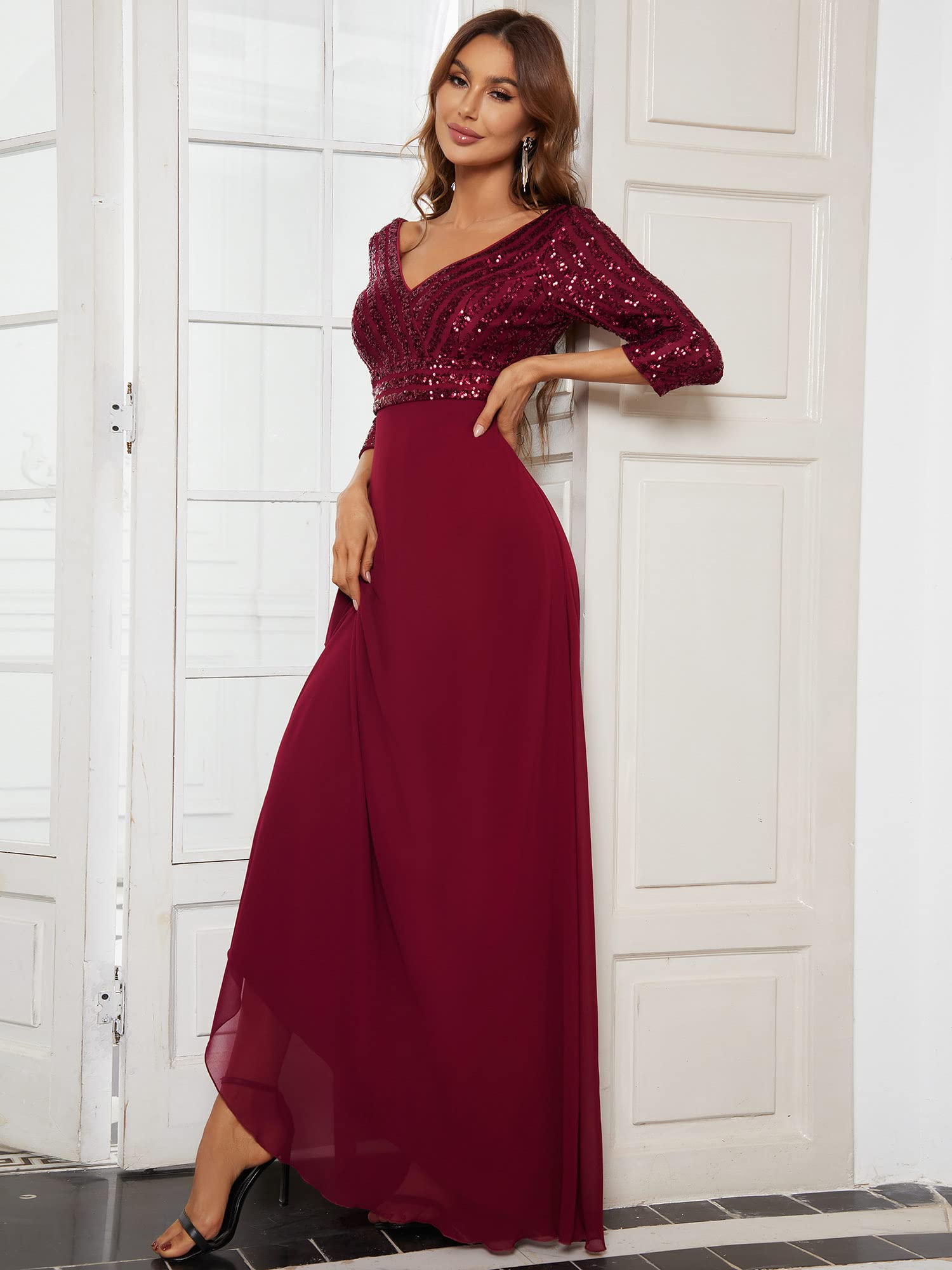 Ever-Pretty Women's Elegant Formal Dress V-Neck Long Sleeve Sequin Maxi Chiffon Evening Dresses Burgundy US04