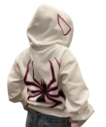 Women Men Oversized Harajuku Y2k Spider Graphic Hoodie Long Sleeve Full Zipper Jacket Coat Casual Hoodie Xx-Large White