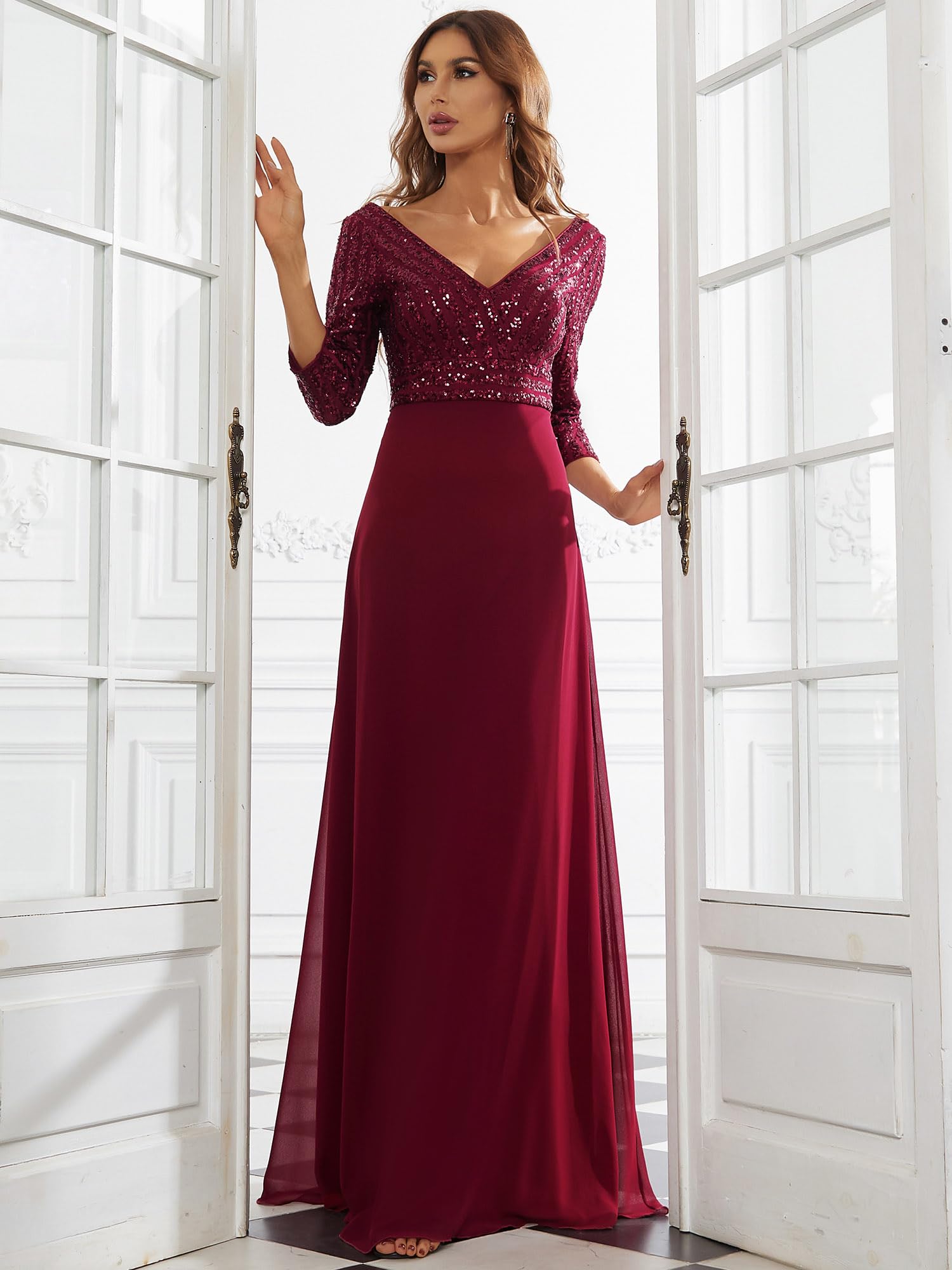 Ever-Pretty Women's Elegant Formal Dress V-Neck Long Sleeve Sequin Maxi Chiffon Evening Dresses Burgundy US04