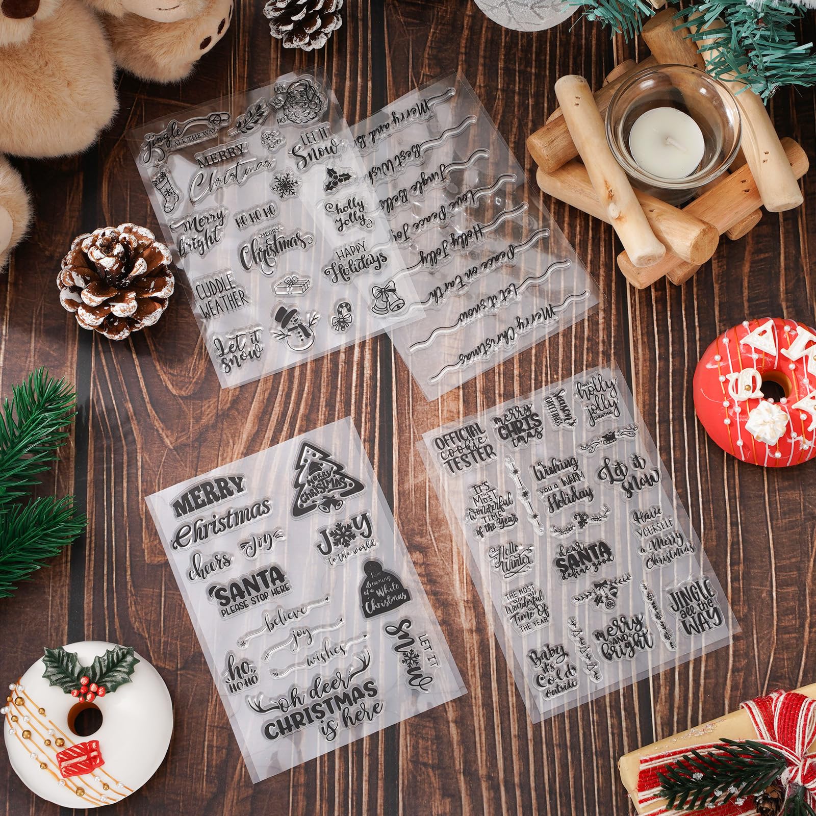 Whaline 4 Sheet Christmas Words Clear Stamps Greeting Words Santa Xmas Tree Pattern Silicone Transparent Stamps Border Stamp Cards for DIY Craft Card Making Scrapbooking Embossing Album Decor