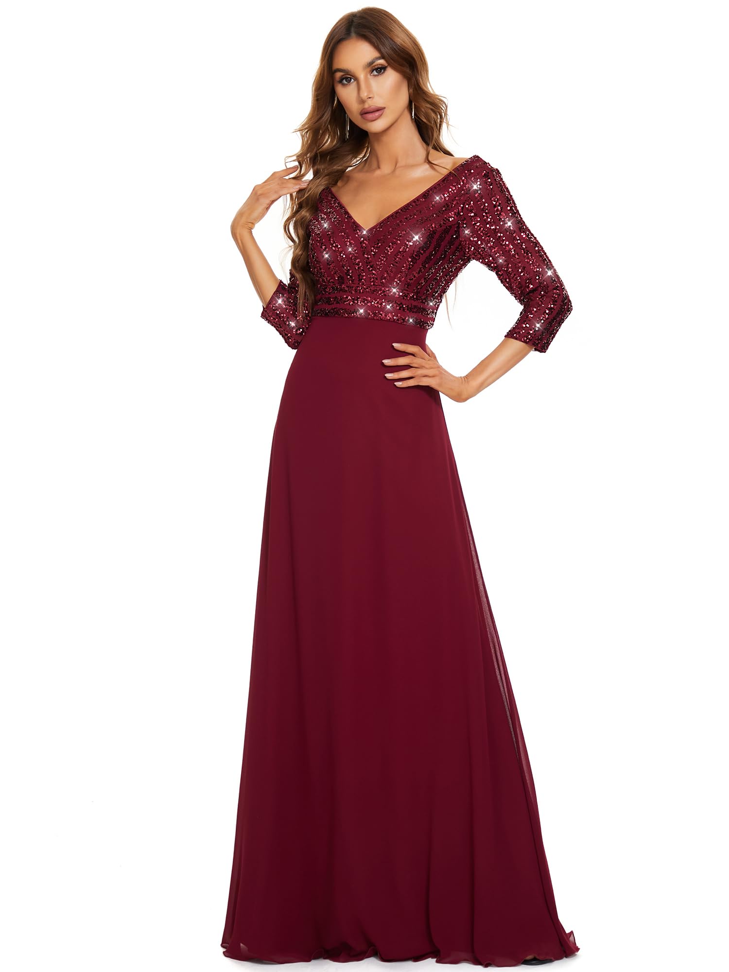 Ever-Pretty Women's Elegant Formal Dress V-Neck Long Sleeve Sequin Maxi Chiffon Evening Dresses Burgundy US04