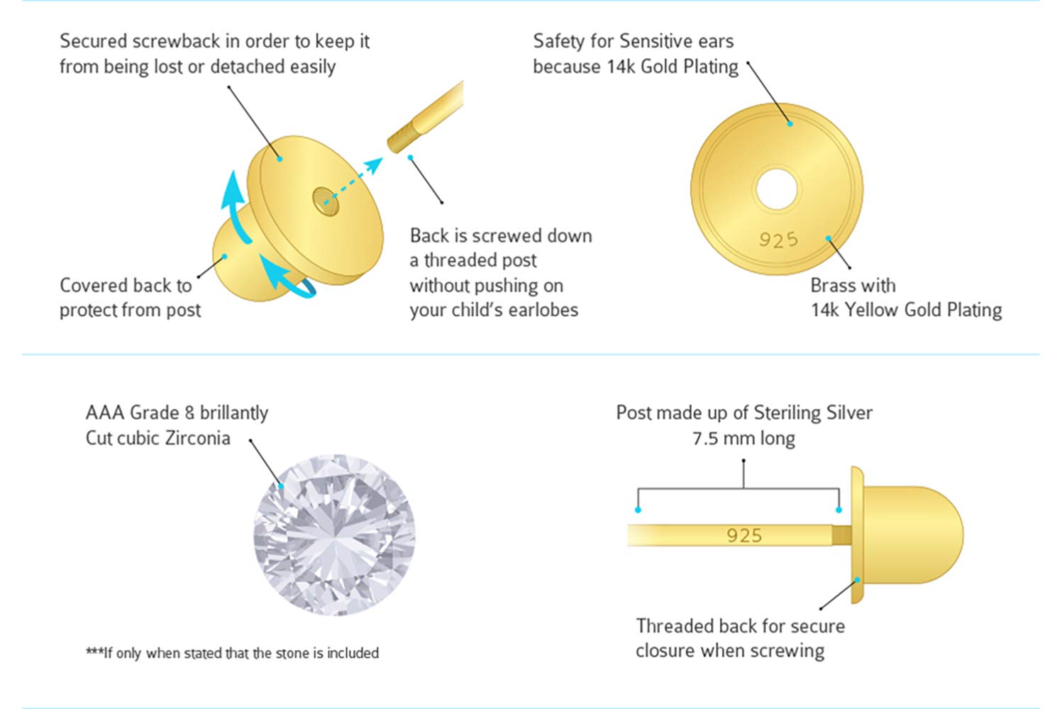 14k Gold Plated Brass Mouse Cubic Zirconia Screwback Baby Girls Earrings with Sterling Silver Post