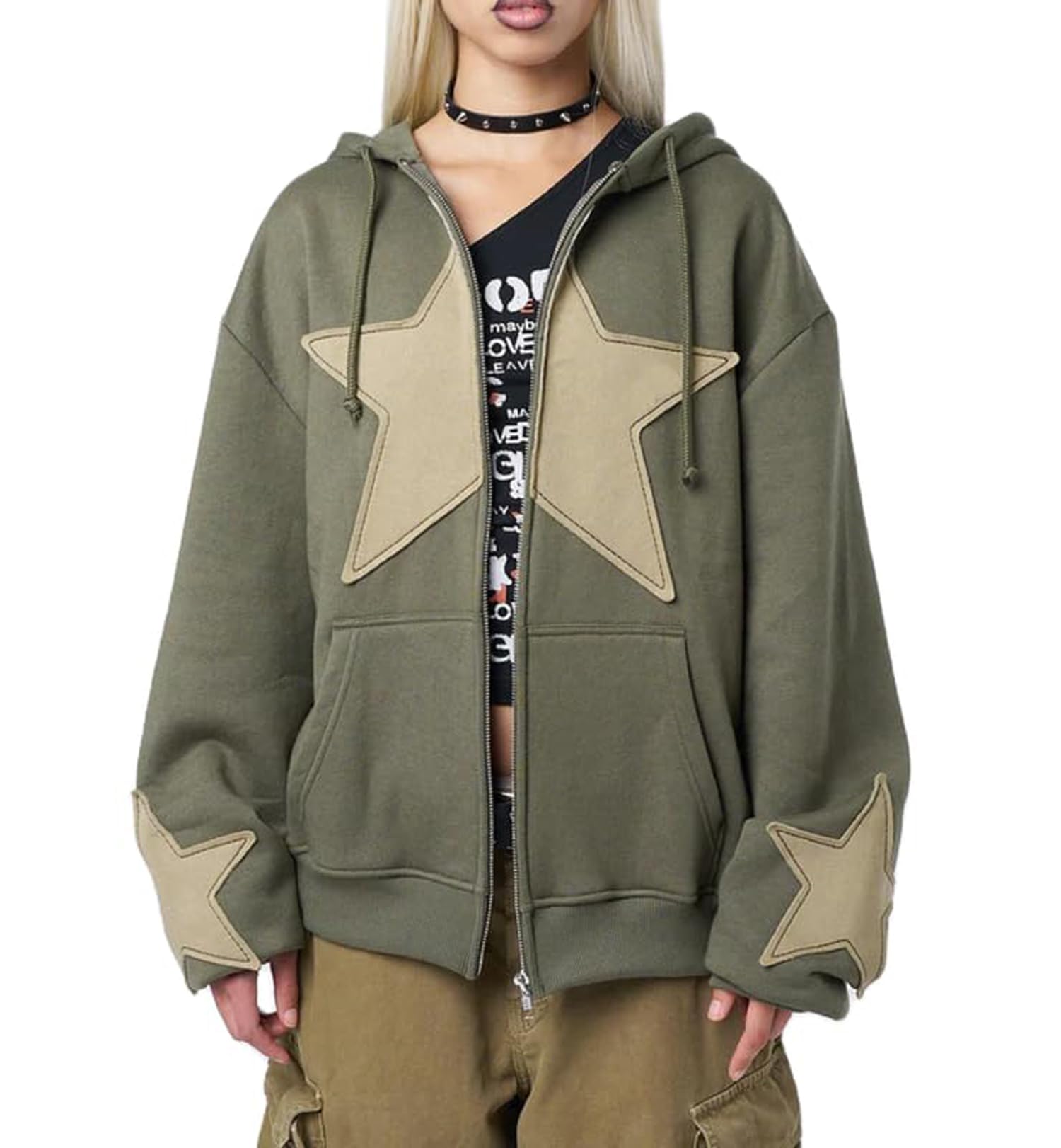 Cbsdezanos Womens Y2k Star Graphic Zip Up Hoodie Long Sleeve Oversized Sweatshirt Punk Goth Jacket Aesthetic Harajuku Streetwear (Star hoodie Green, S)