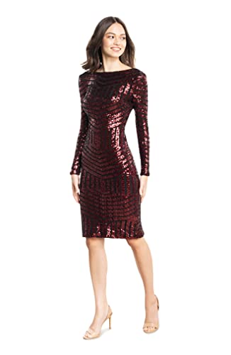 Dress the Population Women's Emery Long Sleeve Round Neck Low Back Bodycon MIDI Dress, Black/Berry, XX-Large