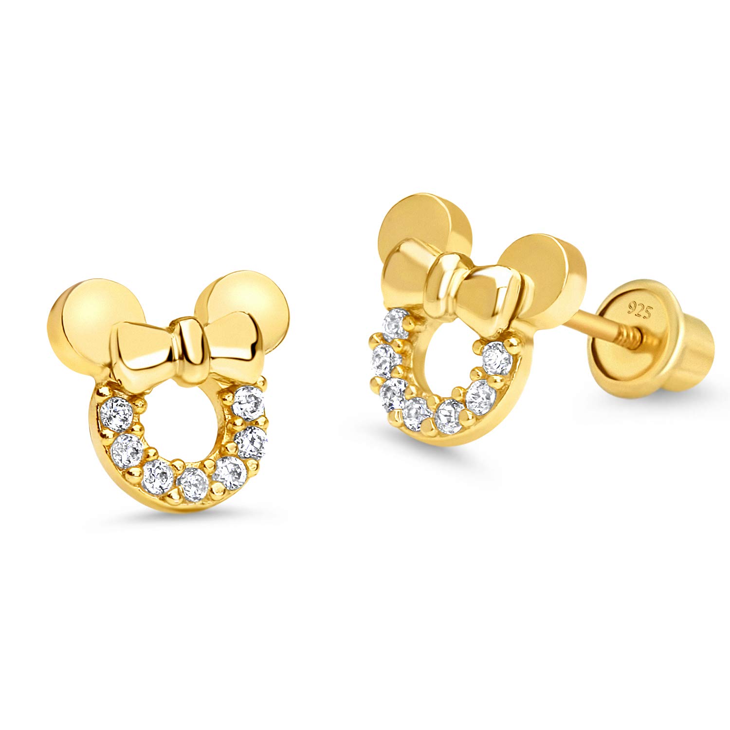 14k Gold Plated Brass Mouse Cubic Zirconia Screwback Baby Girls Earrings with Sterling Silver Post