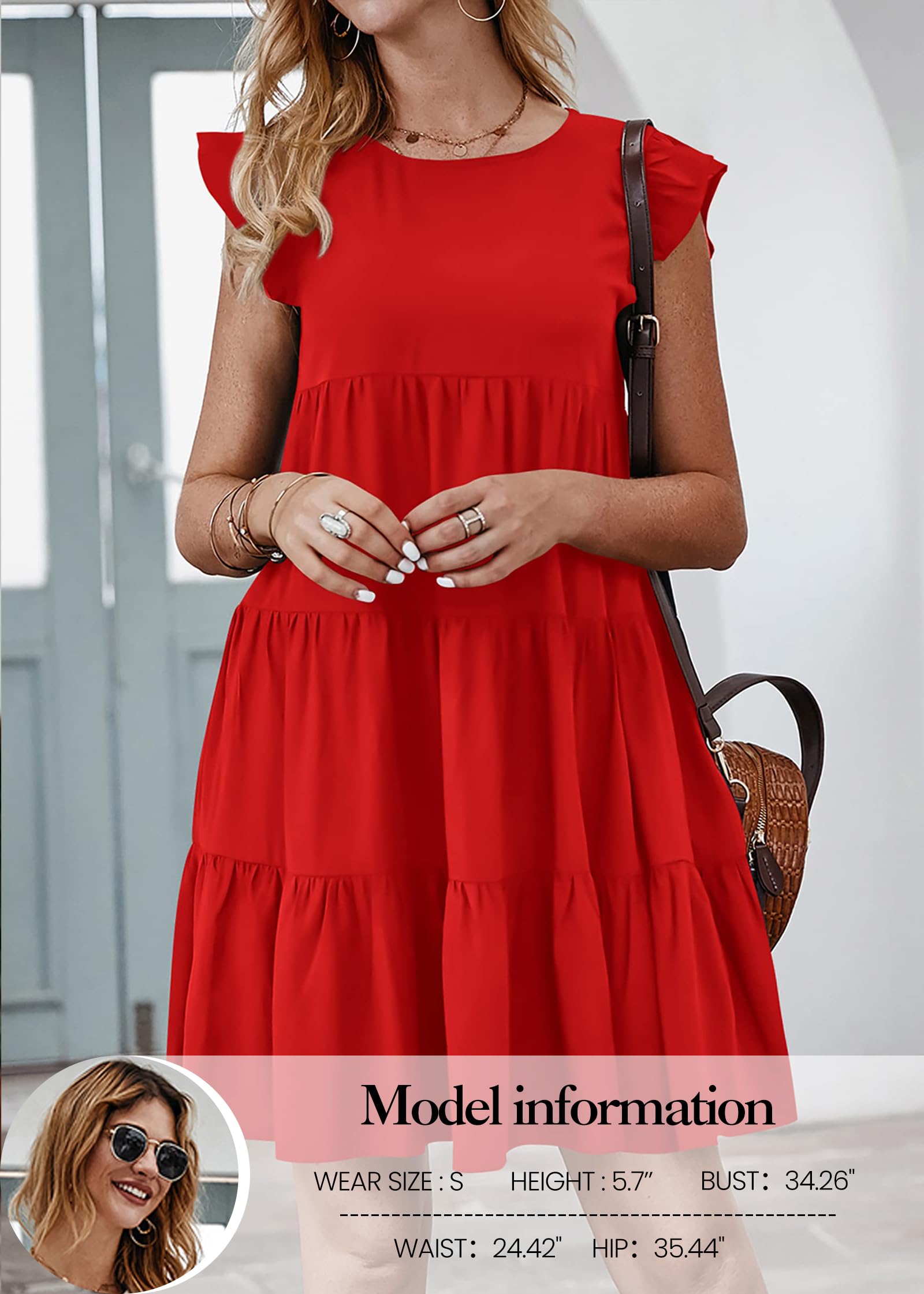 KIRUNDO Valentines Dress for Women Summer Sleeveless Ruffle Sleeve Round Neck Loose Short Flowy Pleated Mini Babydoll Sundresses, Red, Medium
