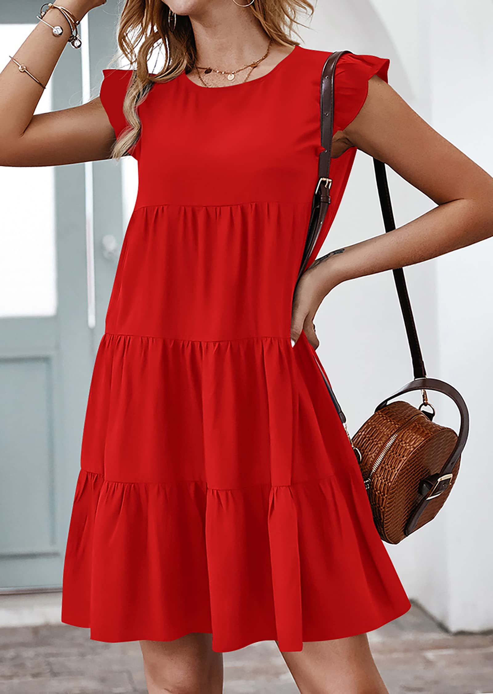 KIRUNDO Valentines Dress for Women Summer Sleeveless Ruffle Sleeve Round Neck Loose Short Flowy Pleated Mini Babydoll Sundresses, Red, Medium