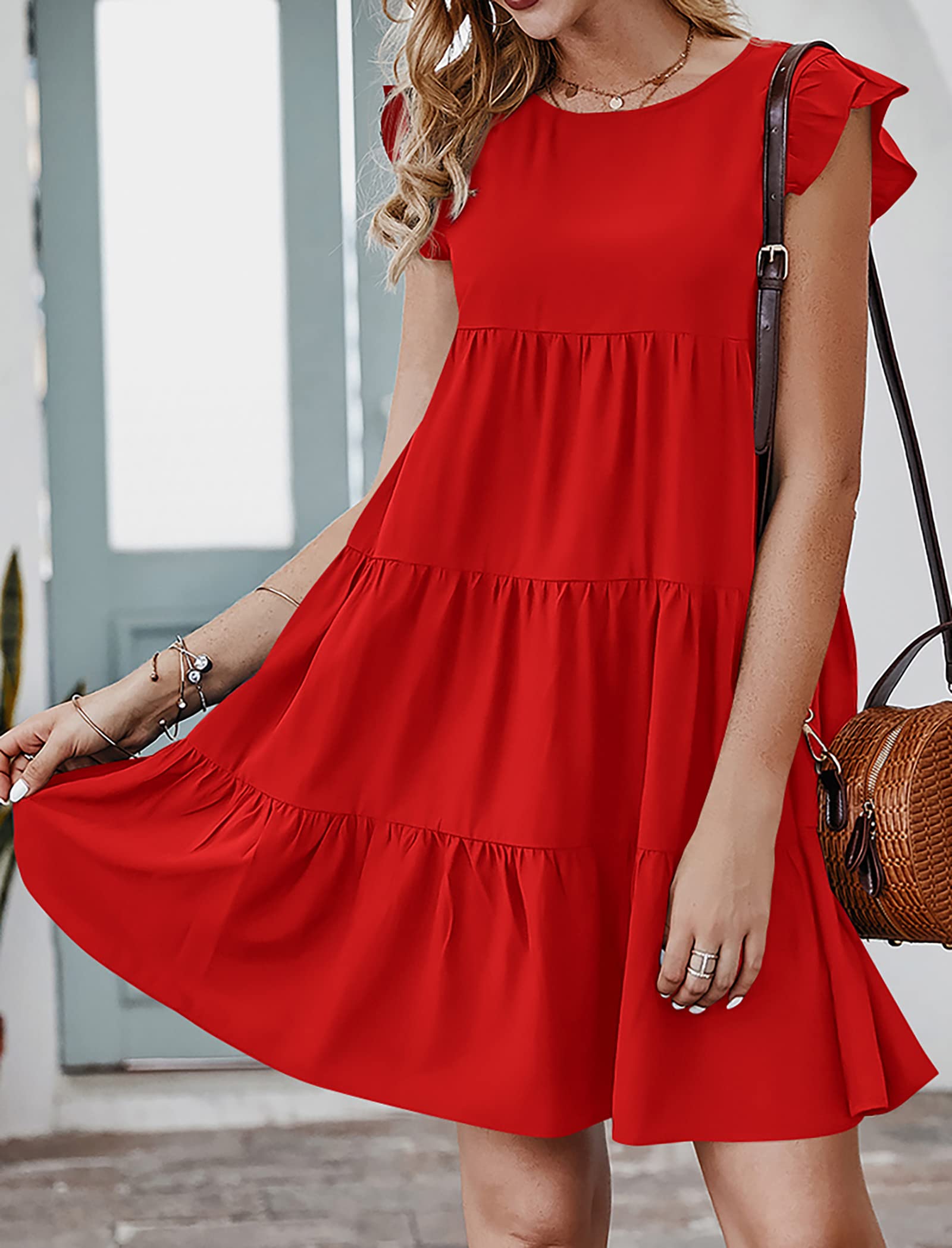 KIRUNDO Valentines Dress for Women Summer Sleeveless Ruffle Sleeve Round Neck Loose Short Flowy Pleated Mini Babydoll Sundresses, Red, Medium