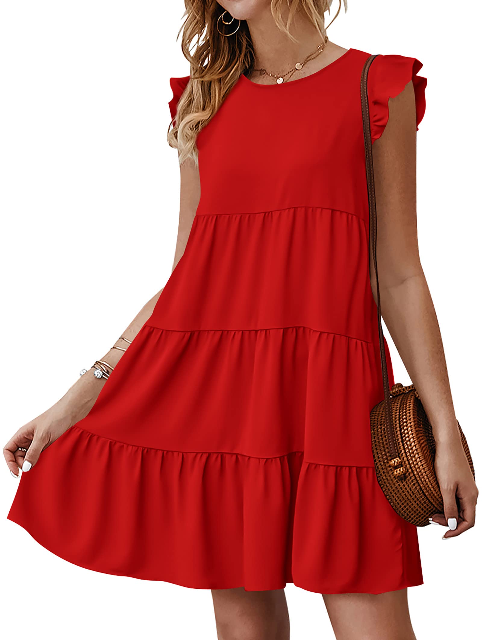 KIRUNDO Valentines Dress for Women Summer Sleeveless Ruffle Sleeve Round Neck Loose Short Flowy Pleated Mini Babydoll Sundresses, Red, Medium
