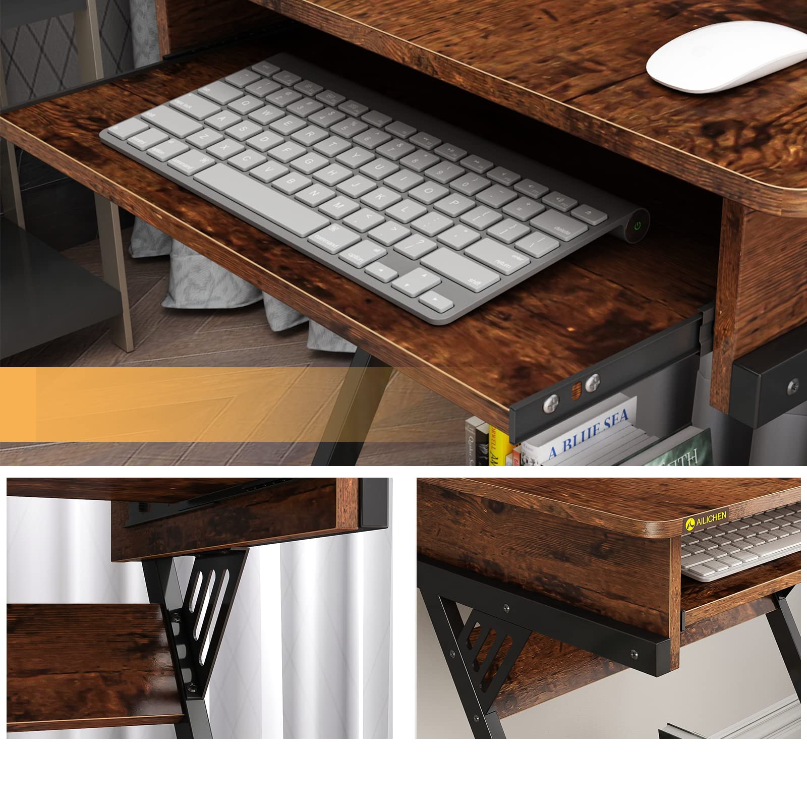 Small Corner Computer Desk, Rolling Computer Desk for Small Space Bedroom, Home Office Study Computer Desk on Wheels, Mobile Computer Table Portable Laptop Cart with Shelves,Rustic Brown