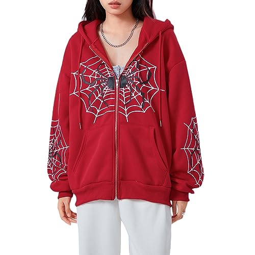 Axupico Women Y2k Zip Up Hoodie Long Sleeve Spider Web Thick Hoodies With Pockets Vintage Harajuku Clothing (Red, S)