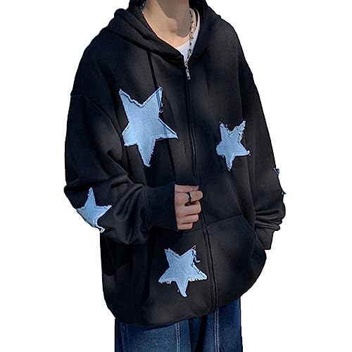 Wedcur Women Oversized Zip Up Hoodie Y2k Graphic Print Hooded Long Sleeve Sweatshirt E-Girl Harajuku Aesthetic Jackets (Black Star, XL)