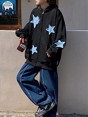 Wedcur Women Oversized Zip Up Hoodie Y2k Graphic Print Hooded Long Sleeve Sweatshirt E-Girl Harajuku Aesthetic Jackets (Black Star, XL)