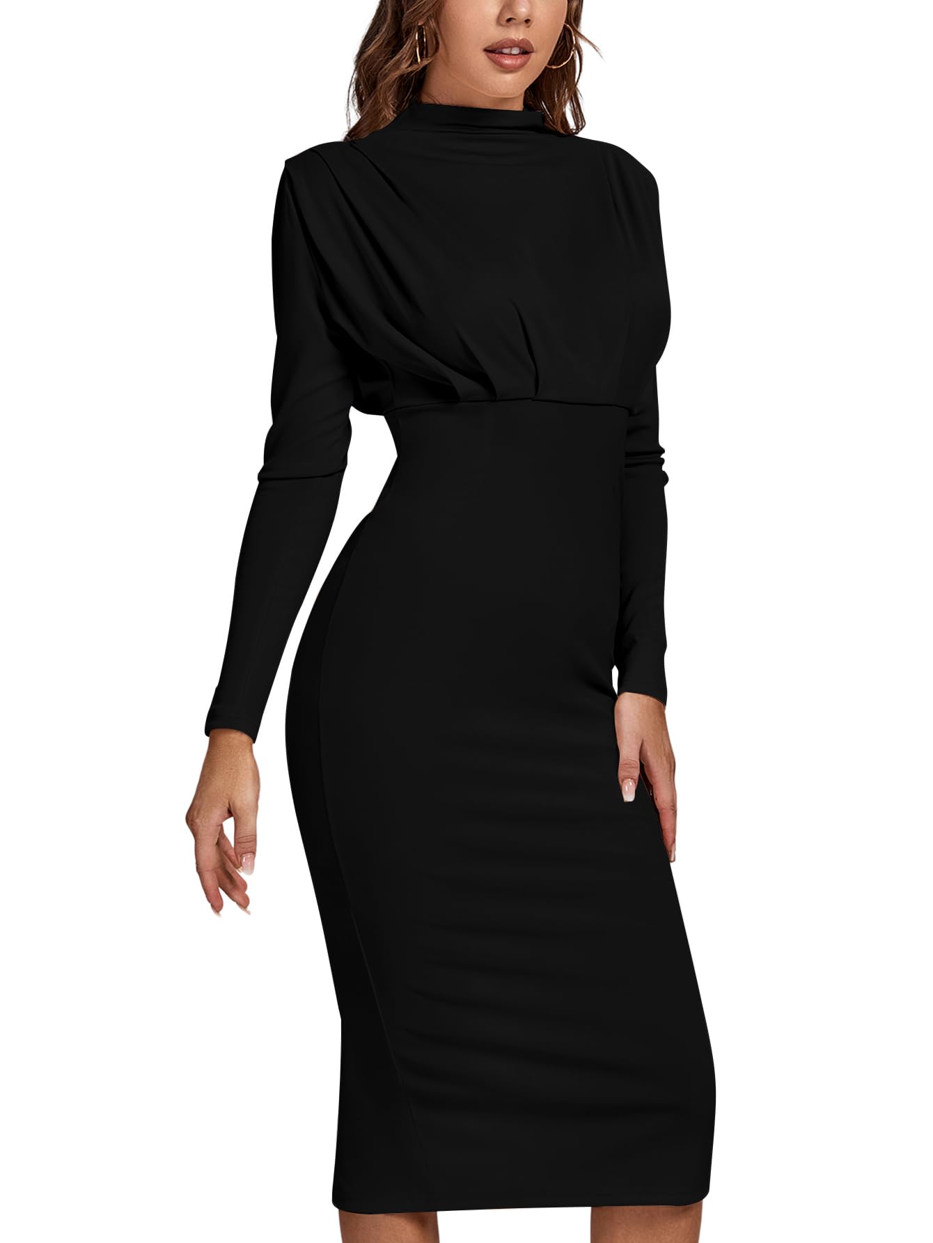 LYANER Women's Ruched Mock Neck Split Back Long Sleeve Cocktail Party Bodycon Midi Dress Solid Black Medium