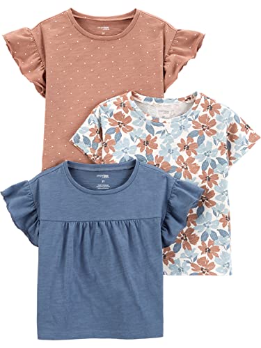 Simple Joys by Carter's Girls' Short-Sleeve Shirts and Tops, Pack of 3, Brown Dots/Denim/White Floral, 6