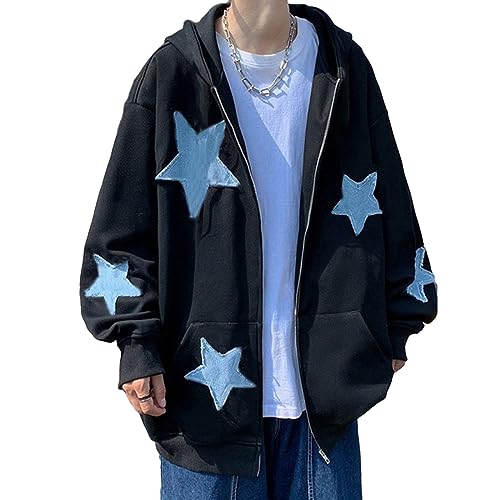 Fepege Star Hoodie Men Y4K Harajuku Grunge Jacket Casual Oversized Sweatershirt Cute Cardigan Alt Streetwear (Black, L)