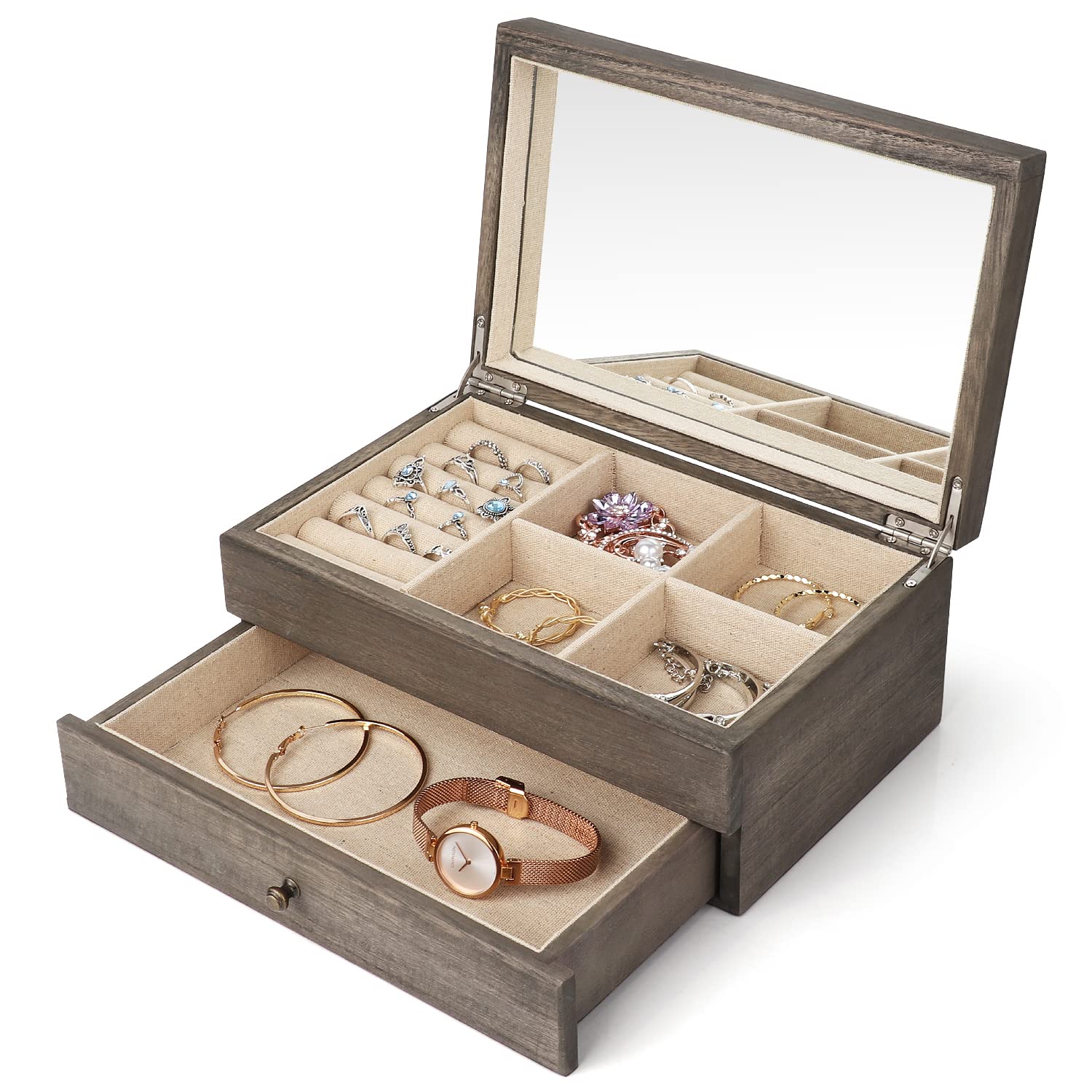 Meangood Jewelry Box Organizer for Women, 2 Layer Large Jewelry Storage Case, Rustic Wooden Jewelry Box with Mirror & Ring Tray for Necklace Earring Bracelets Rings, Vintage Style (Weathered Grey)