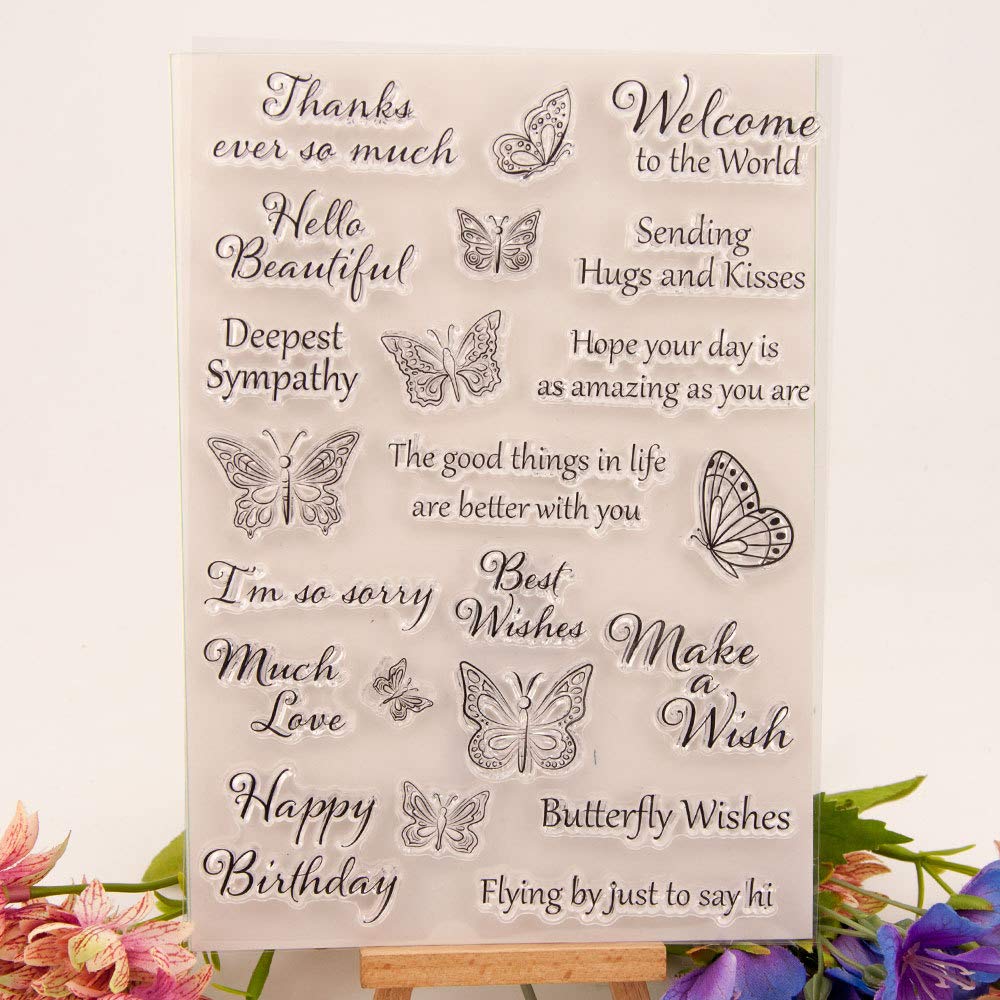 Words Clear Stamp Silicone Stamp Cards with Sentiments,Flowers,Butterfly,Greeting Words Pattern for Holiday Card Making Decoration and DIY Scrapbooking Album DIY Crafts