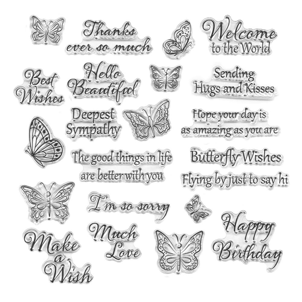 Words Clear Stamp Silicone Stamp Cards with Sentiments,Flowers,Butterfly,Greeting Words Pattern for Holiday Card Making Decoration and DIY Scrapbooking Album DIY Crafts