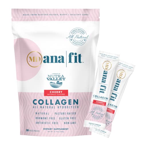 MD Ana Fit - Grass-Fed Hydrolyzed Collagen Peptides Powder, Non-GMO Dairy, Hormone Free & Gluten Free, Pasture Raised, Cherry, 30 Stick Packs (360g)
