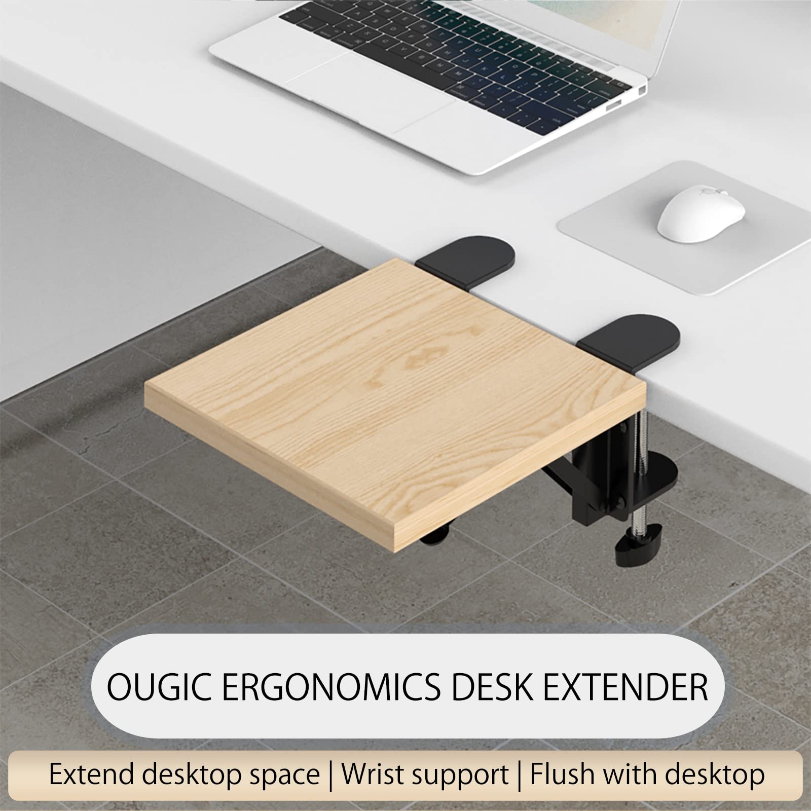 OUGIC Ergonomics Desk Extender Tray, 9.5"x9.1" Punch-Free Clamp on, Foldable Keyboard Drawer Tray, Table Mount Arm Wrist Rest Shelf, Computer Elbow Arm Support