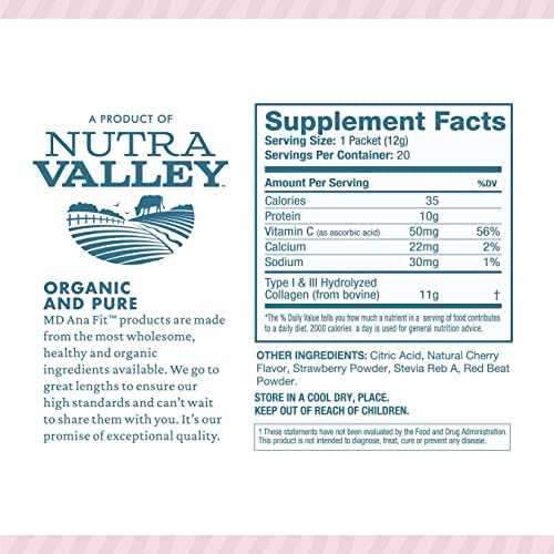 MD Ana Fit - Grass-Fed Hydrolyzed Collagen Peptides Powder, Non-GMO Dairy, Hormone Free & Gluten Free, Pasture Raised, Cherry, 30 Stick Packs (360g)