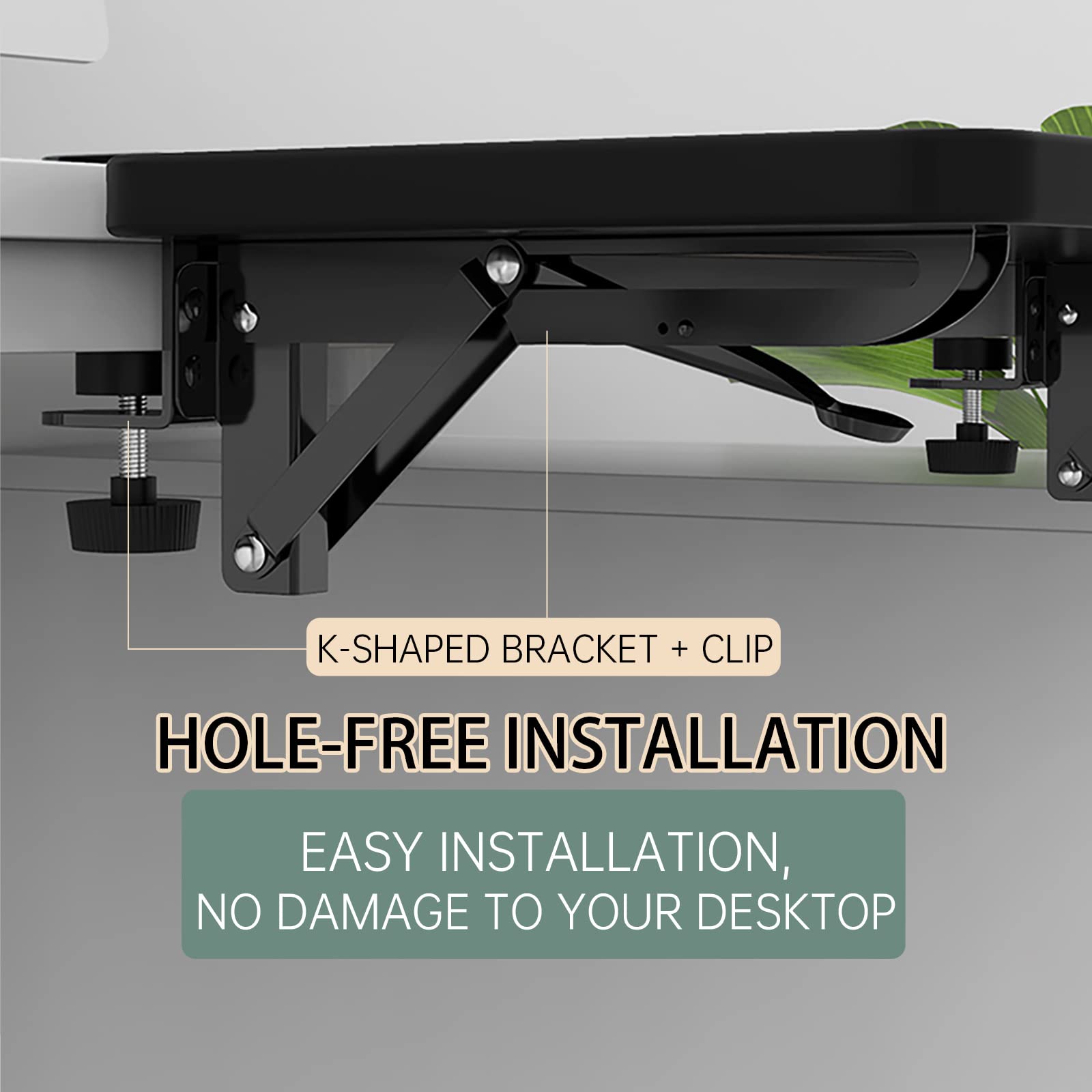 OUGIC Ergonomics Desk Extender Tray, 9.5"x9.1" Punch-Free Clamp on, Foldable Keyboard Drawer Tray, Table Mount Arm Wrist Rest Shelf, Computer Elbow Arm Support