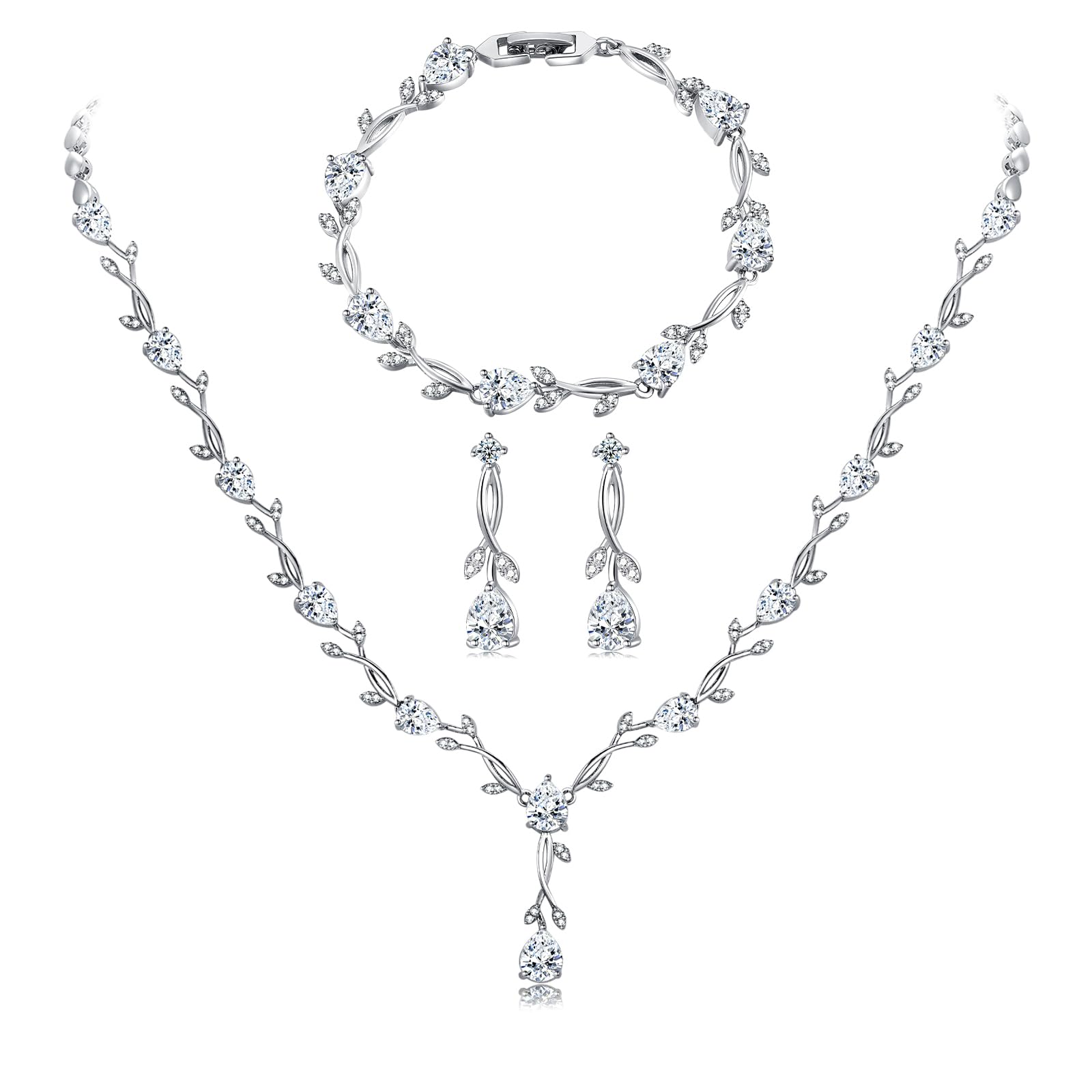 Juicfru Wedding Silver Jewelry Set for Women Cubic Zirconia Necklace Earrings Bracelet Sets for Bride Wedding Costume Jewelry for Bridesmaid